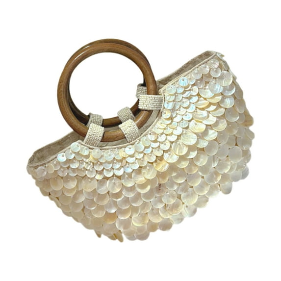 COOLHOOD Handmade Shell Beach Bag With Wooden Handle Styles Vacation ...