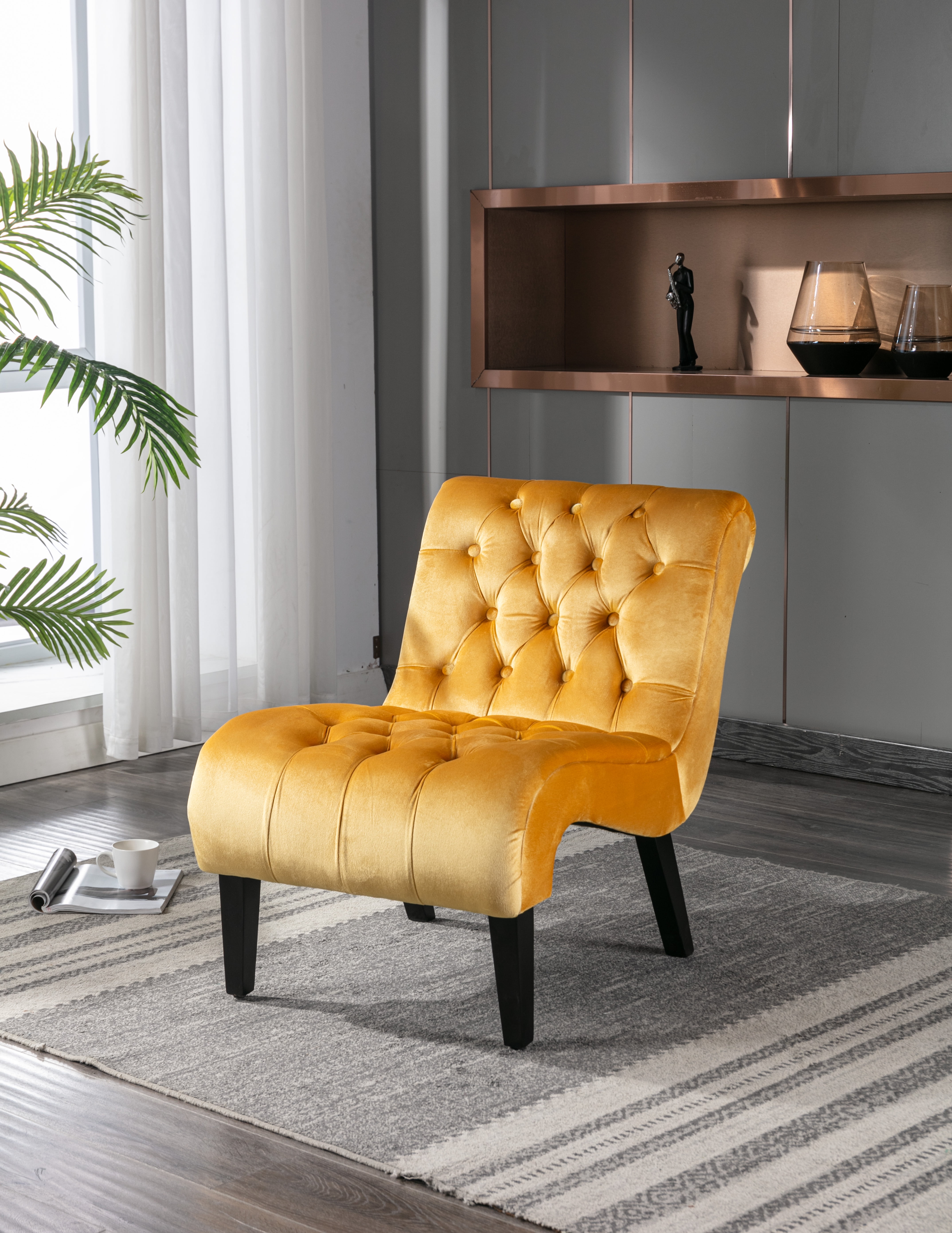 COOLMORE Mustard Velvet Accent Chair, Upholstered Button Tufted Armless ...