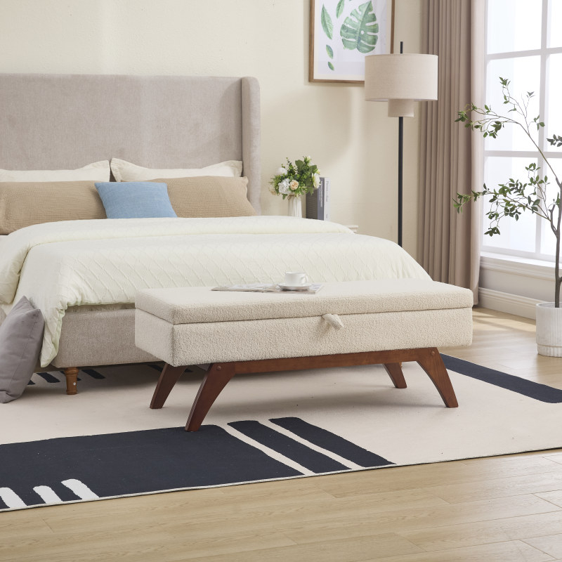 COOLMORE Solid Wood Feet Bed Stool - Teddy Wool Upholstered with ...