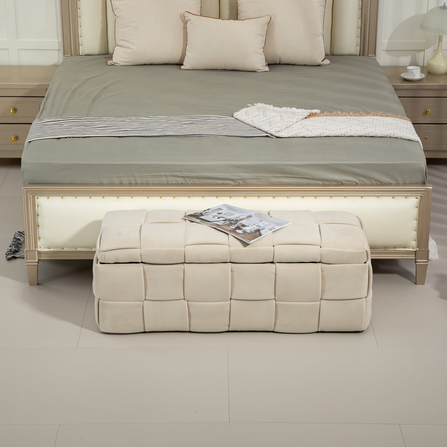 Stylish COOLMORE Beige Upholstered Ottoman Bench with Safety Hinge for ...