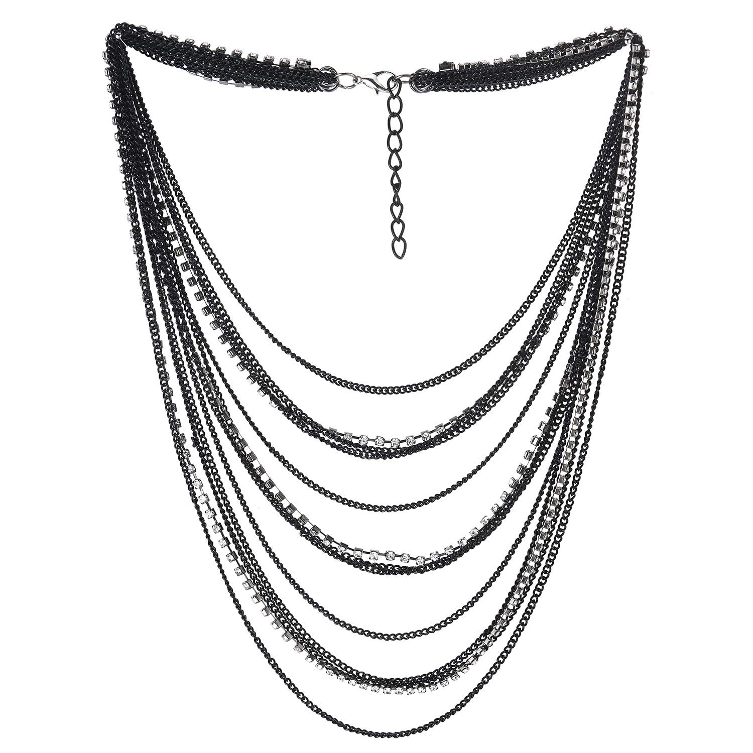 COOLSTEELANDBEYOND Black Waterfall Multi-Strand Chains Statement Collar ...