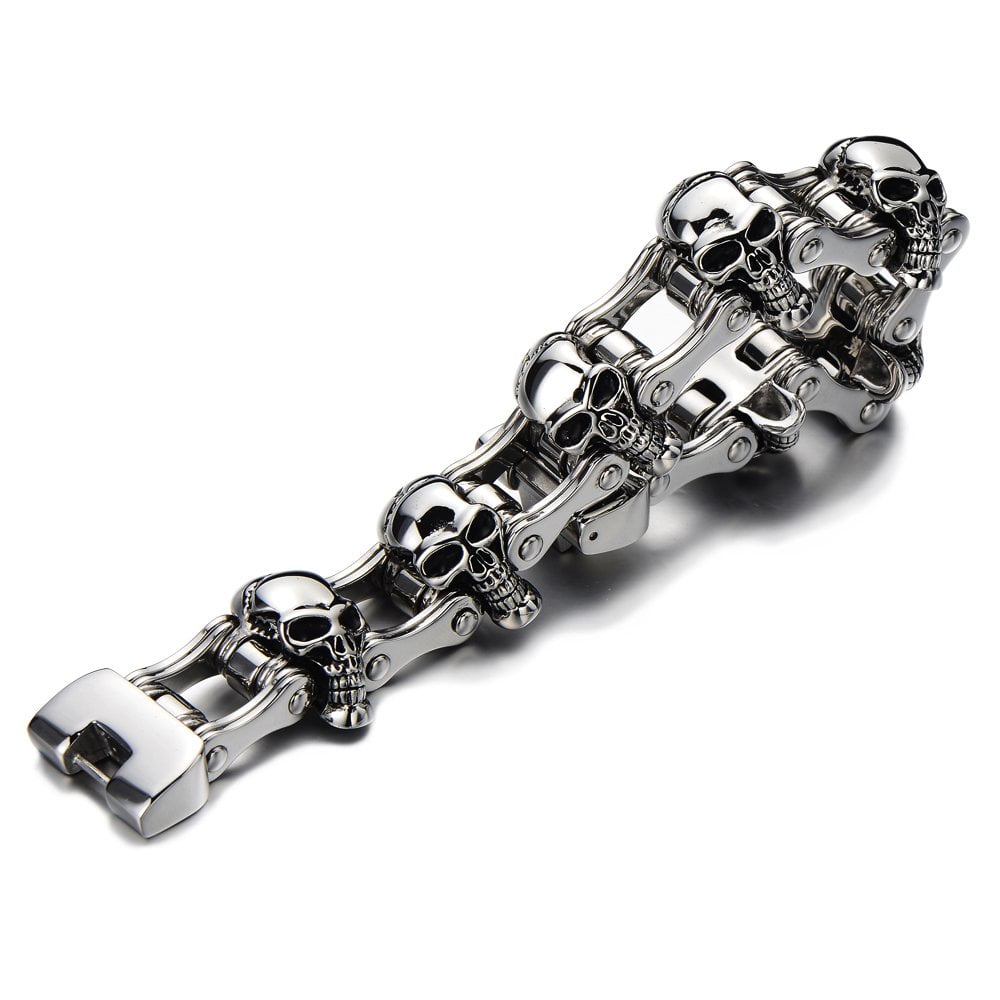 COOLSTEELANDBEYOND Heavy and Study Mens Bike Chain Skull Bracelet Stainless Steel Silver Color ...