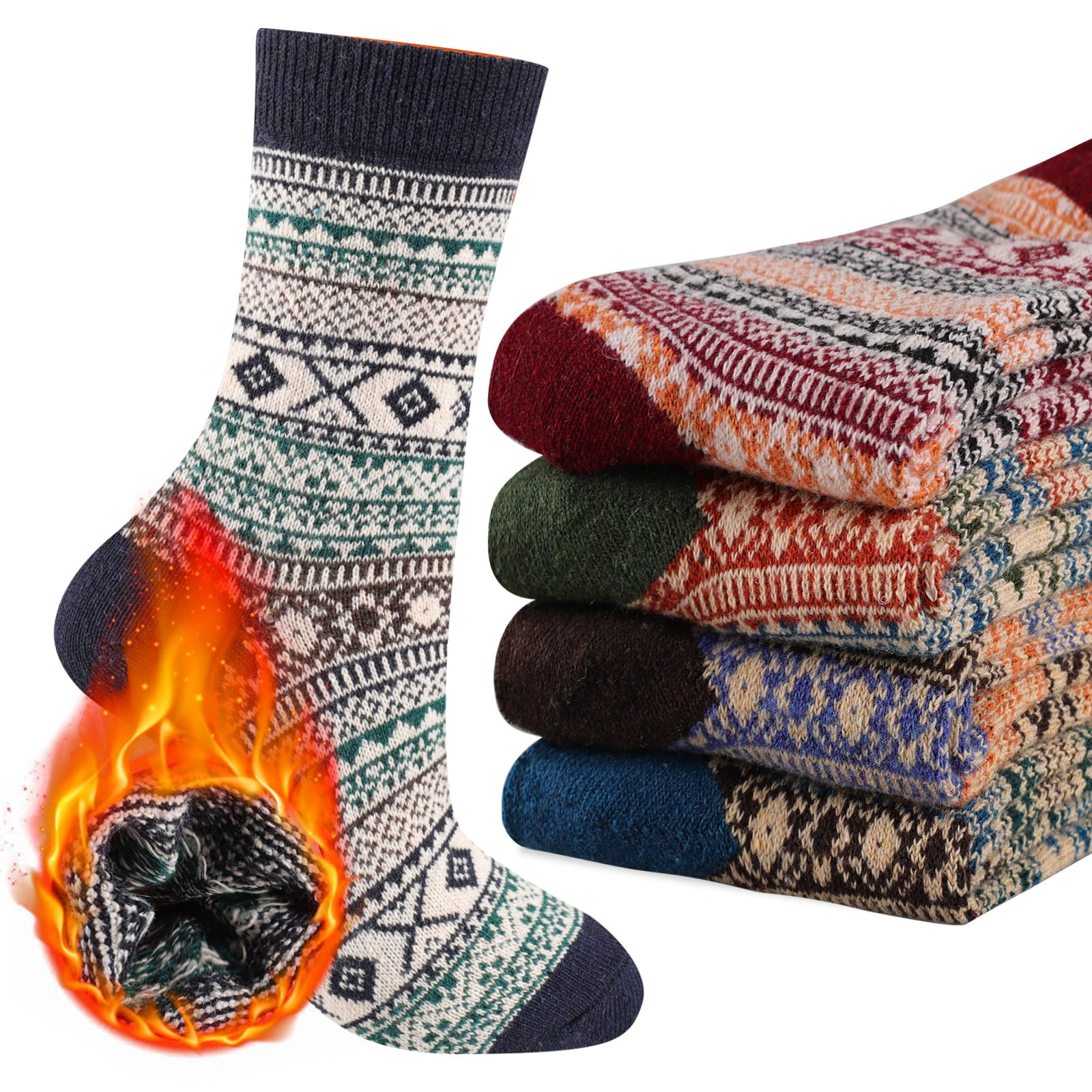 COOPLUS Mens Wool Crew Socks Warm Knit Vintage Socks for Men Thermal ...