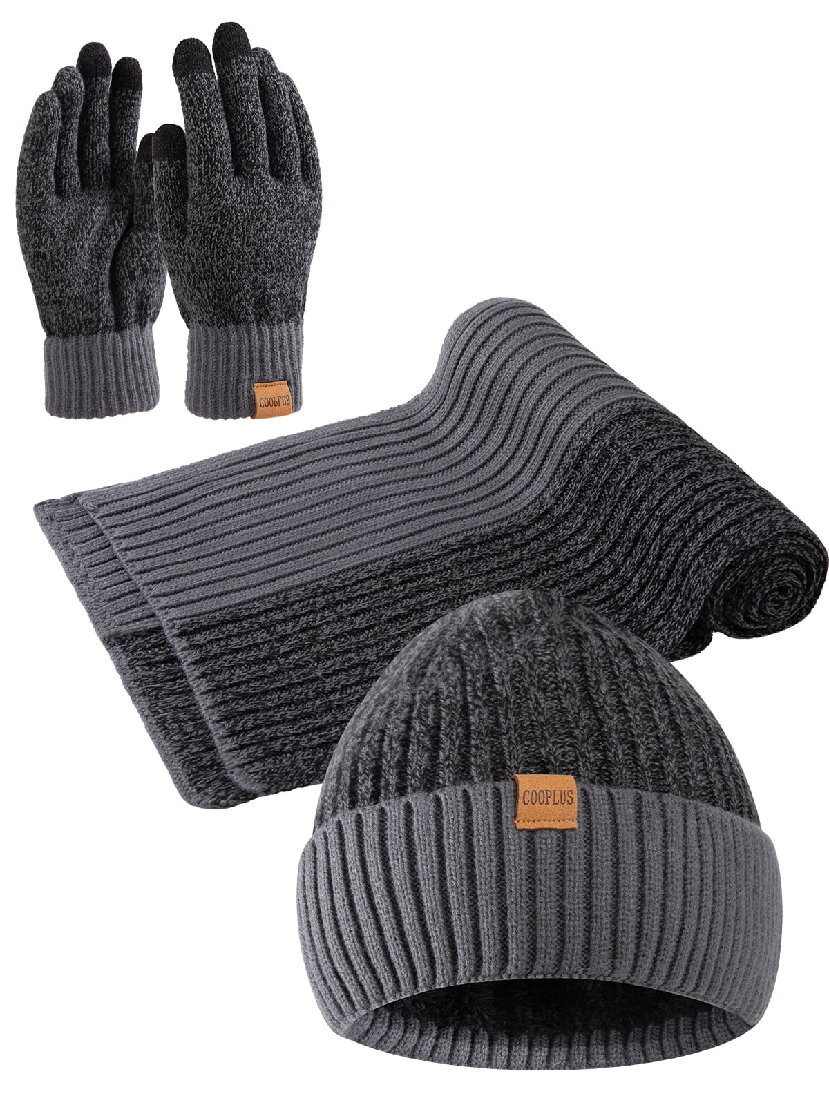 COOPLUS Winter Mens Set with Warm Knit Beanie Hat Touchscreen Gloves ...