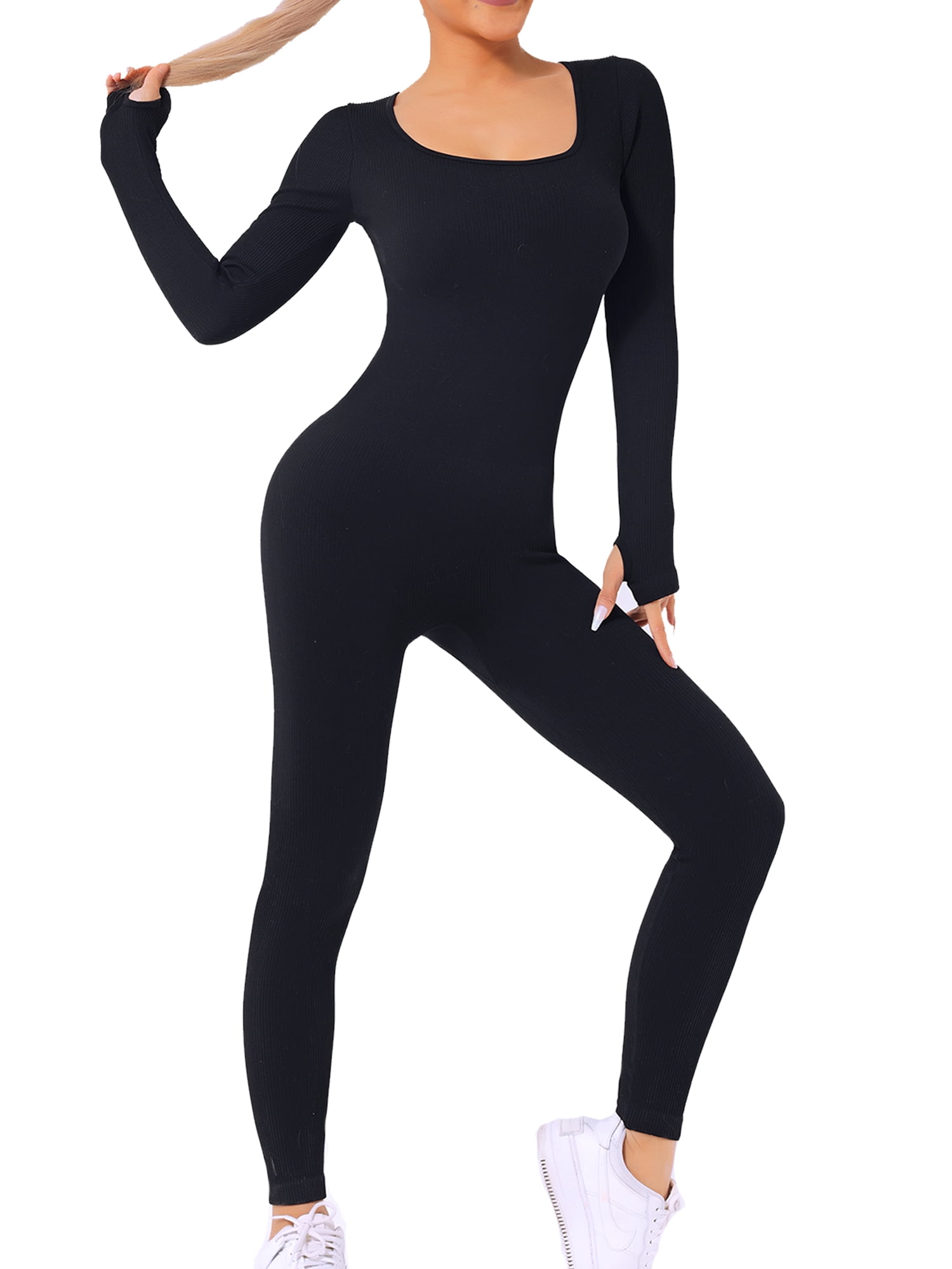 COOPLUS Womens Workout Jumpsuits Long Sleeve Bodysuits Ribbed One-piece ...