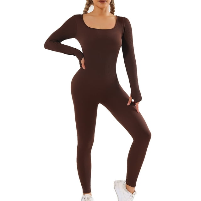 COOPLUS Womens Workout Jumpsuits Long Sleeve Bodysuits Ribbed One-piece ...