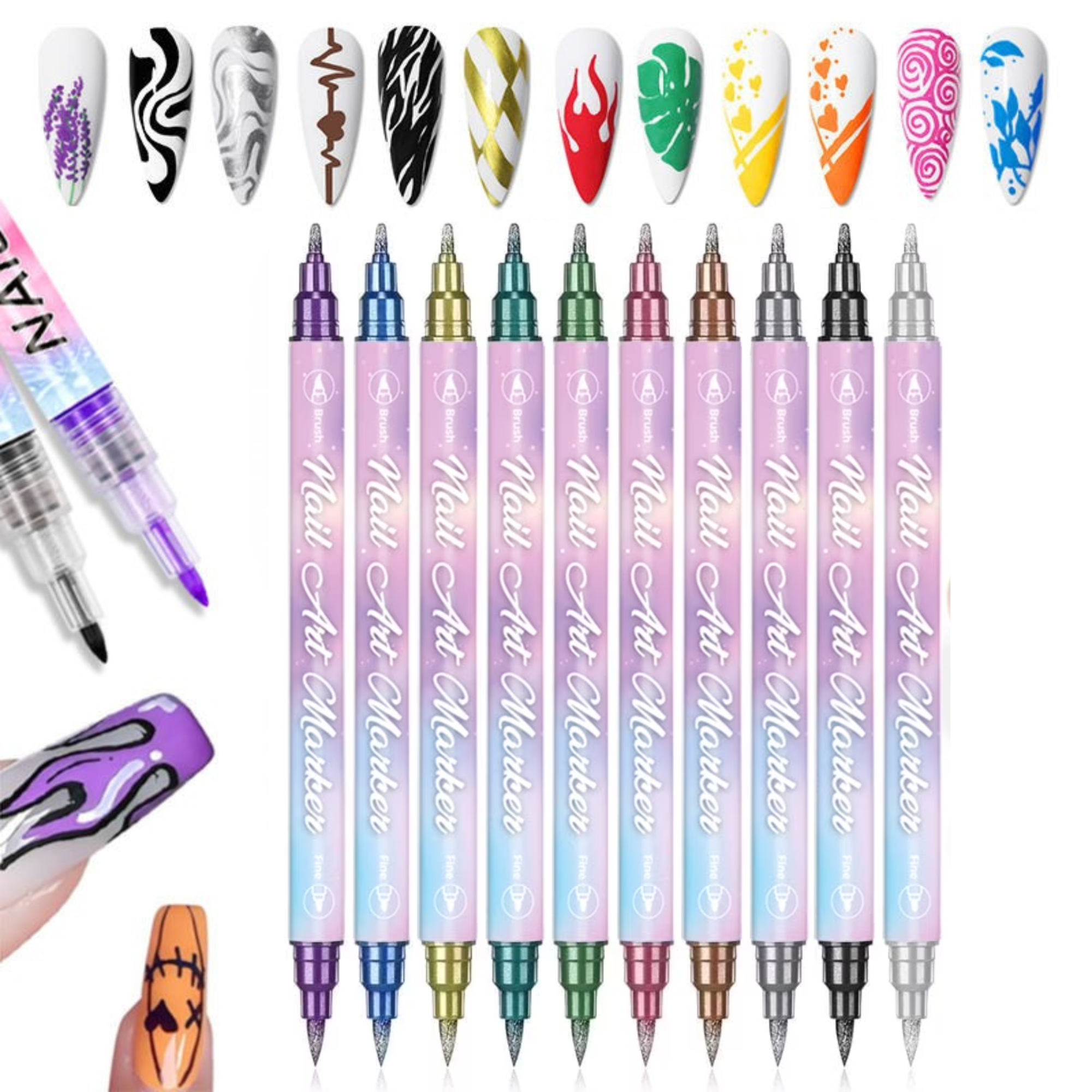 COORIART 12 Colors 3D Nail Art Pens Set, 0.7mm Dual Fine Tip ...
