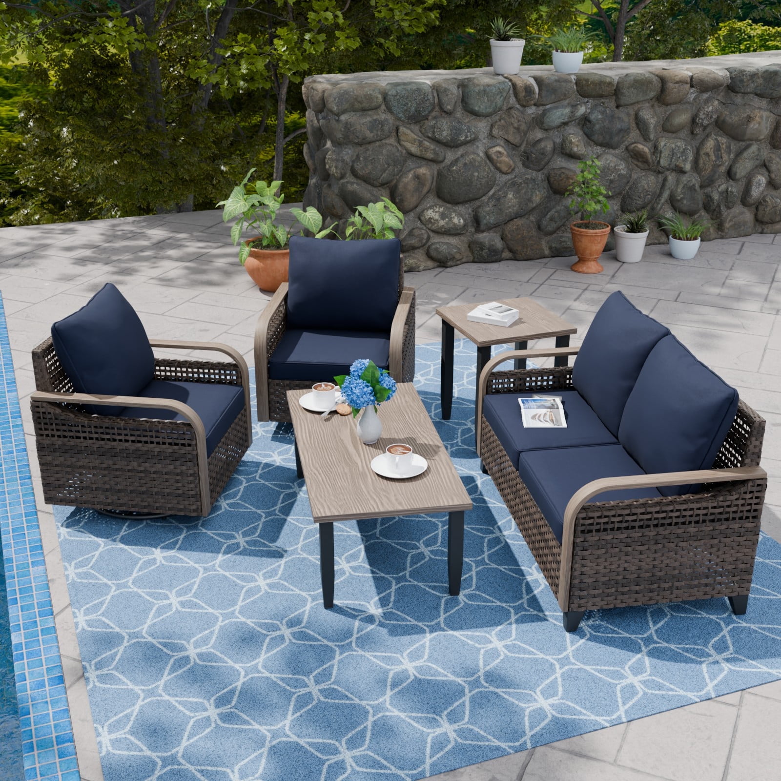 COOS BAY 5 Piece Brown Wicker Patio Sofa Set Outdoor Rattan Furniture ...