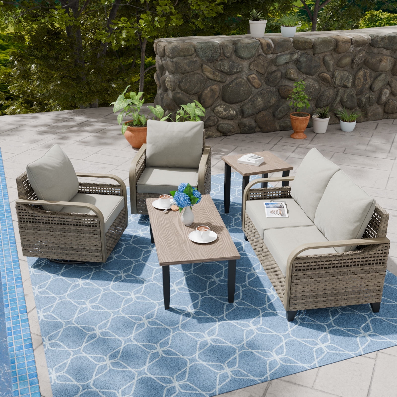 COOS BAY 5 Piece Brown Wicker Patio Sofa Set Outdoor Rattan Furniture ...