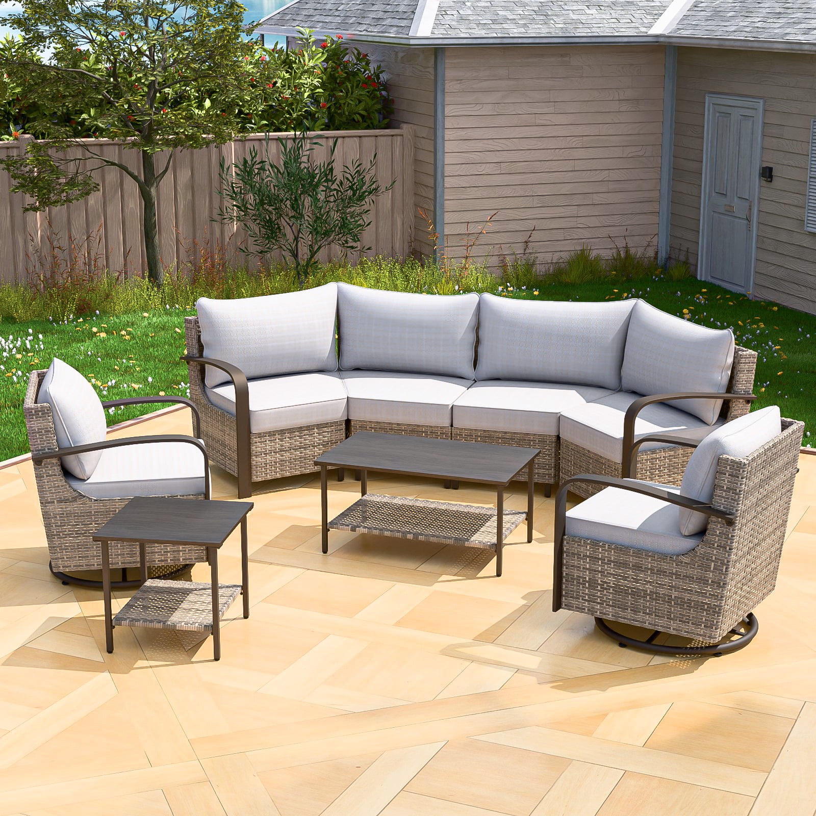 COOS BAY 6-Person Brown Wicker Rattan Patio Conversation Set Sectional ...