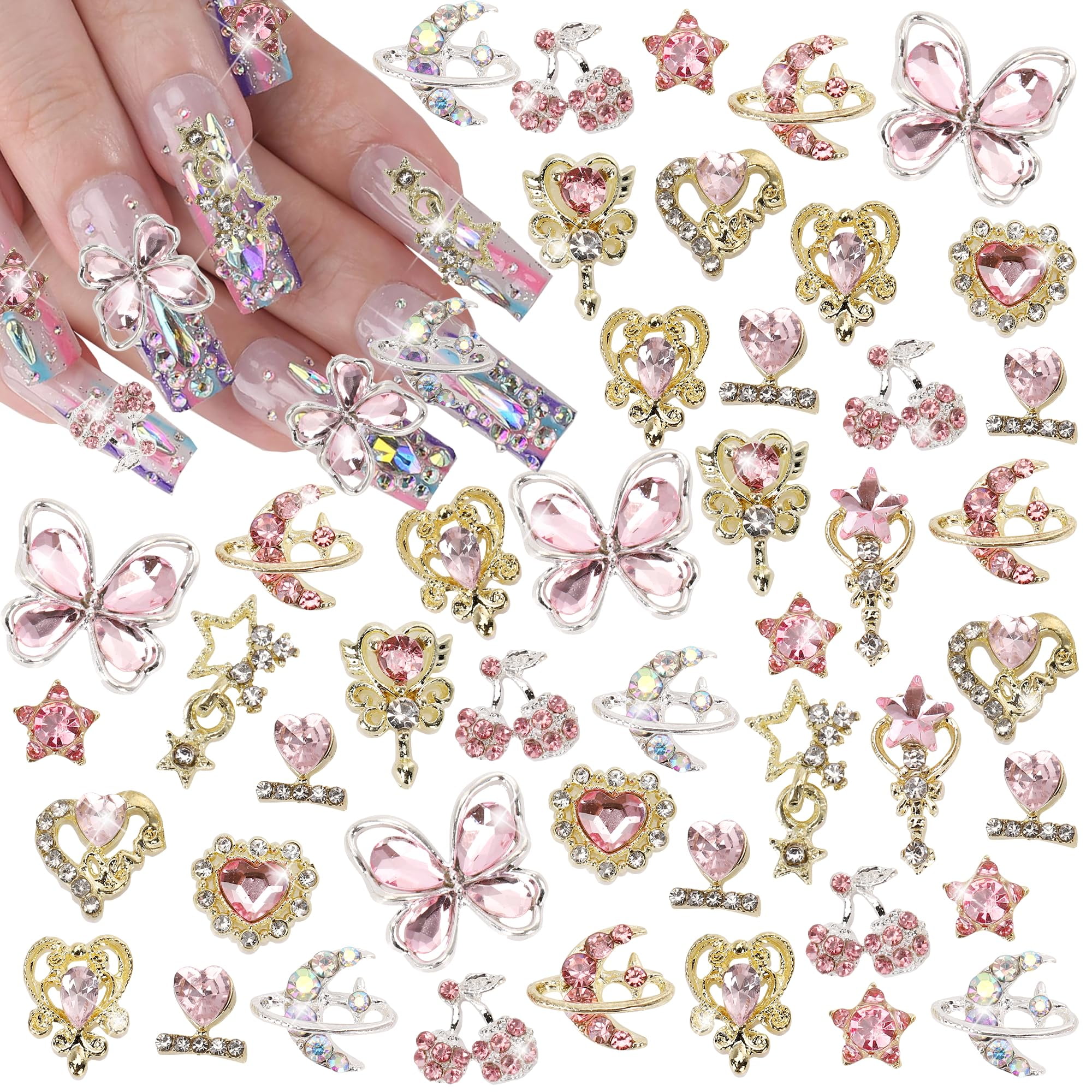 COOSLIM 24PCS Nail Charms Y2k Alloy Nail Art Rhinestone Charms 3D Heart ...