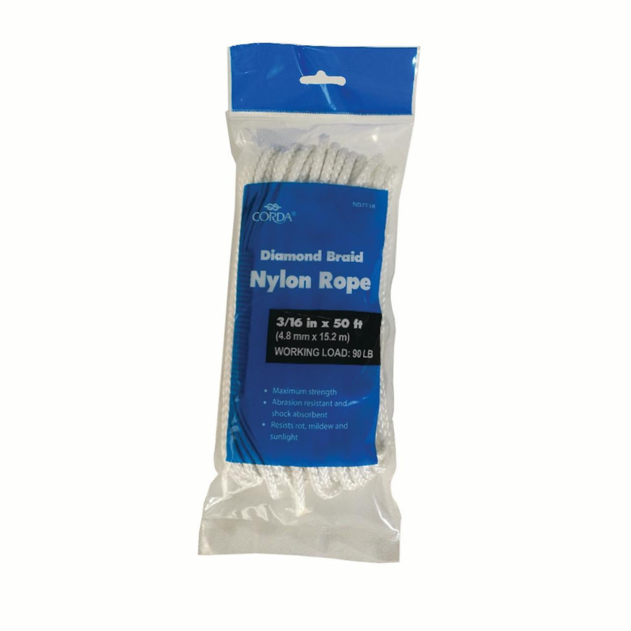 CORDA Diamond Braid Nylon Rope, White, 3/16" x 50' - Walmart.com