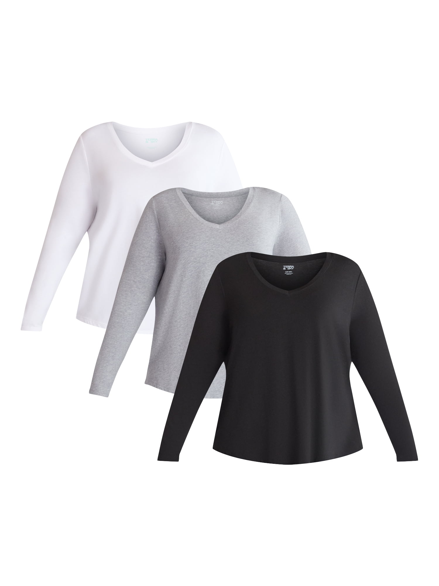 (3 Pack) Terra & Sky Women's Plus Size V-Neck Tee with Long Sleeves ...