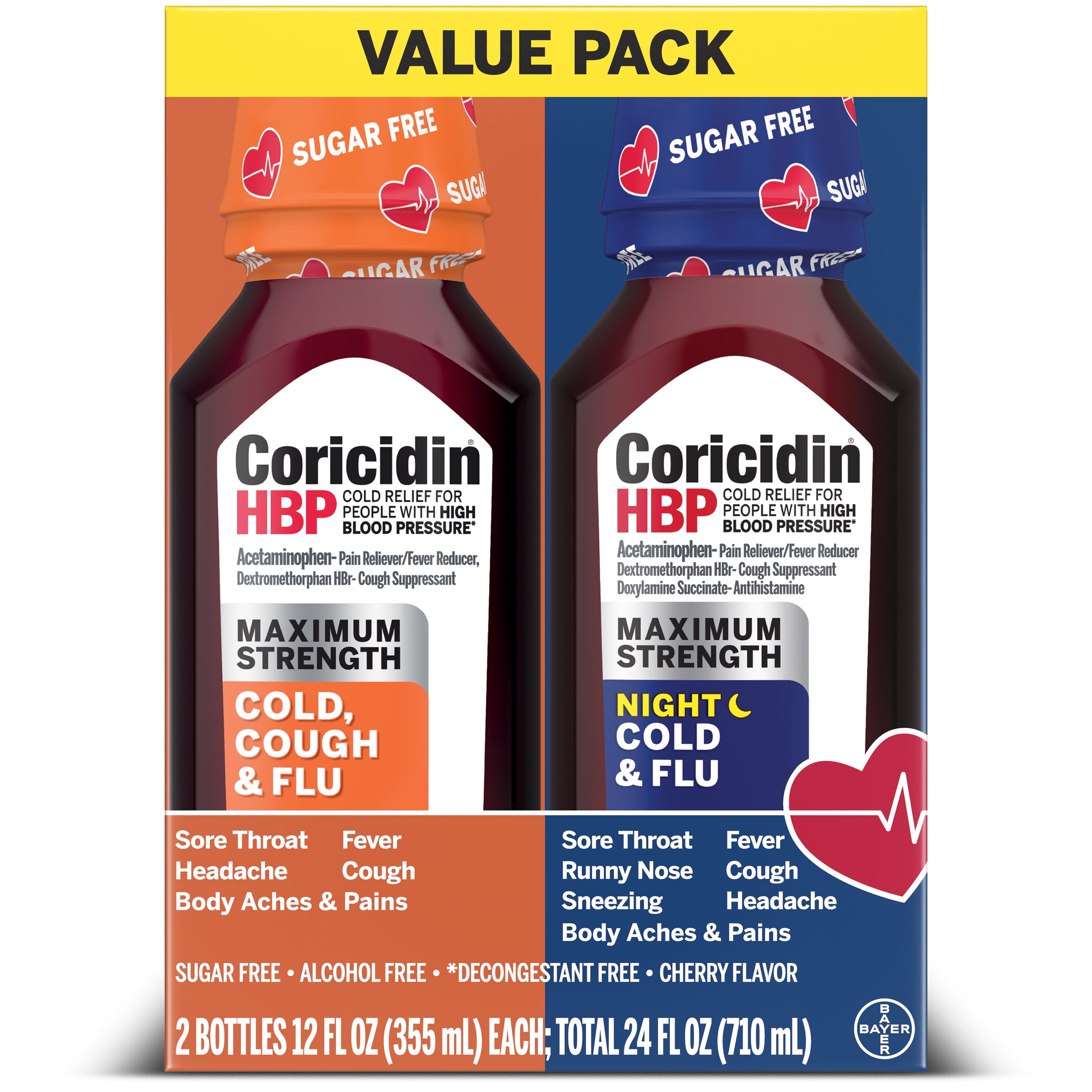 Coricidin HBP Maximum Strength Cold & Flu Day & Night Sugar-Free Liquid ...
