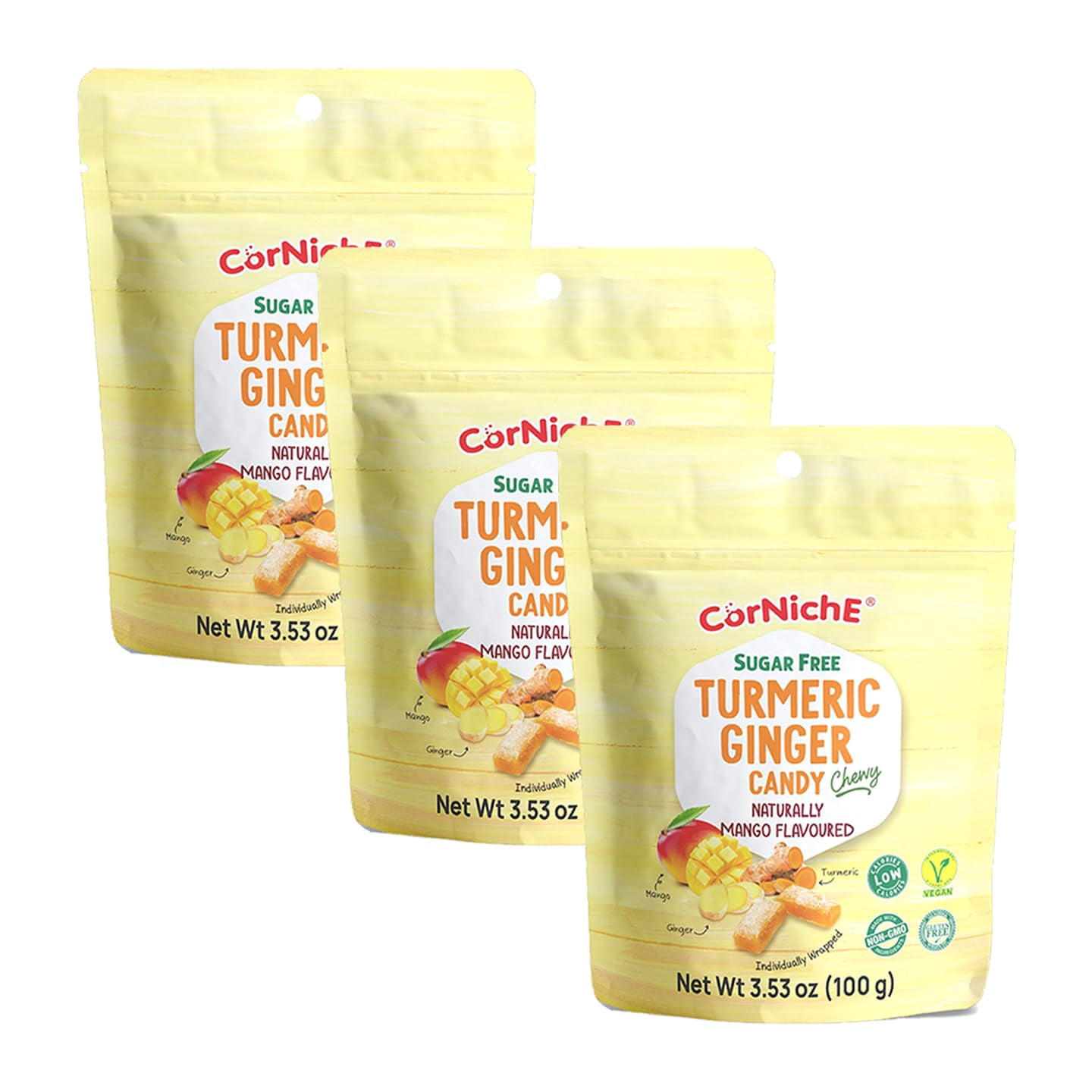 CORNICHE Sugar Free, Turmeric Ginger Candy Chewy Naturally Flavored ...