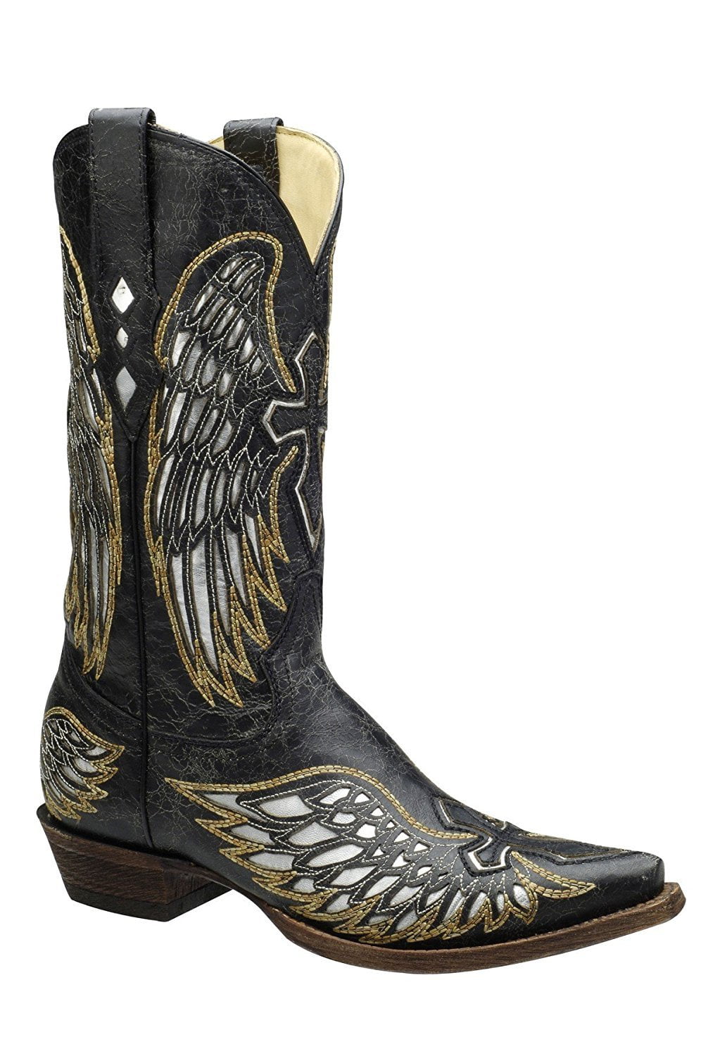 CORRAL Men's Black Silver Inlay Embroidered Wing Cross Snip Toe Cowboy ...