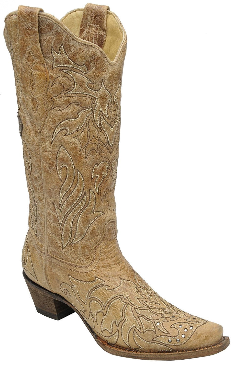 CORRAL Women's Saddle Brown Embroidered Cross and Crystals Snip Toe ...