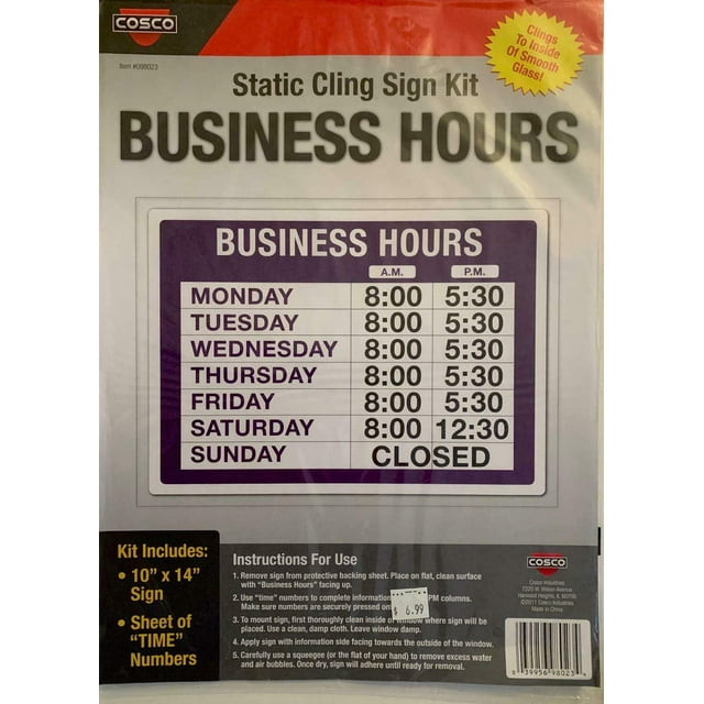 Cosco® Static Cling "Business Hours" Sign Kit, 10" x 14", Blue ...