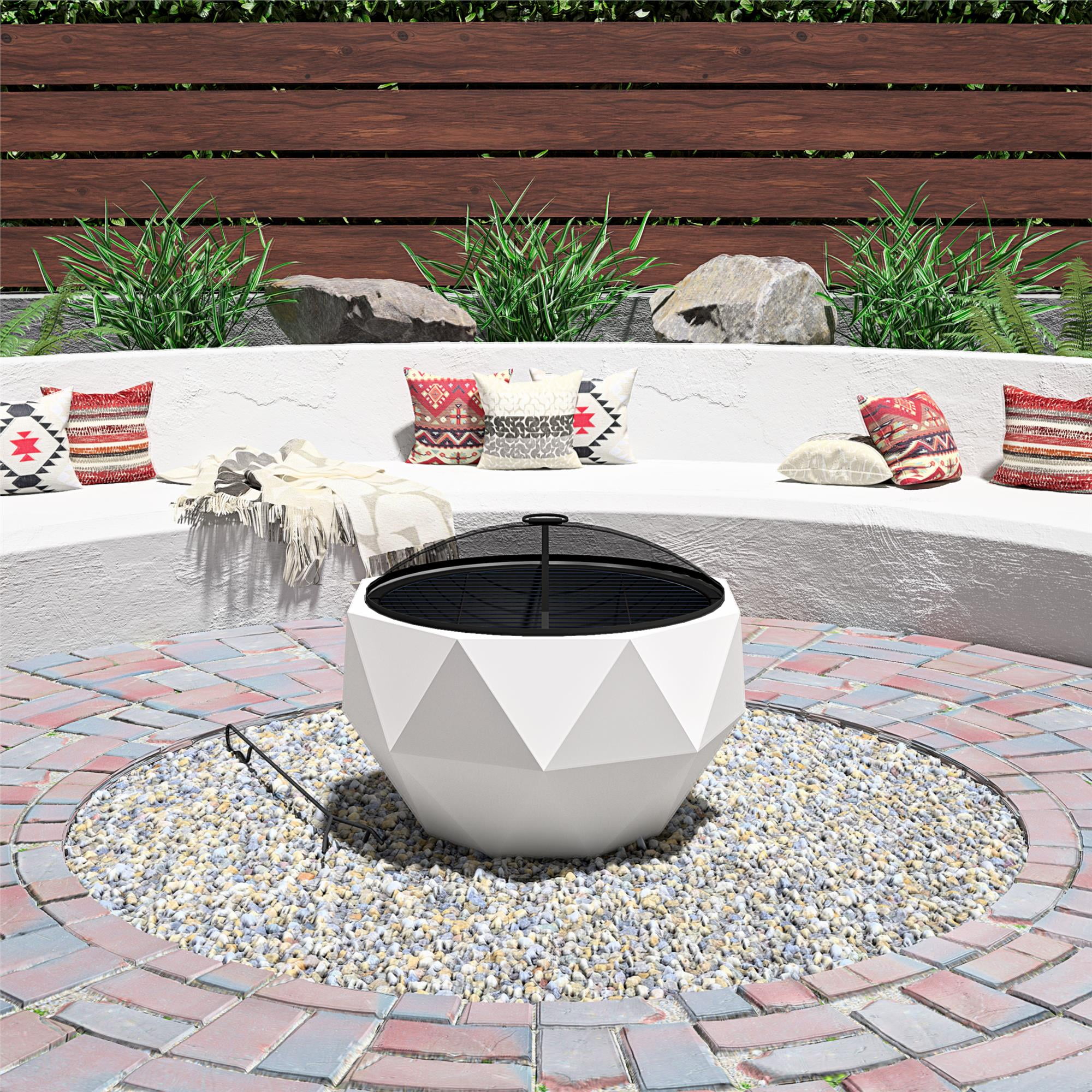 COSCO 25" Geo Wood Burning Outdoor Fire Pit, Ceramic, White with Rain ...