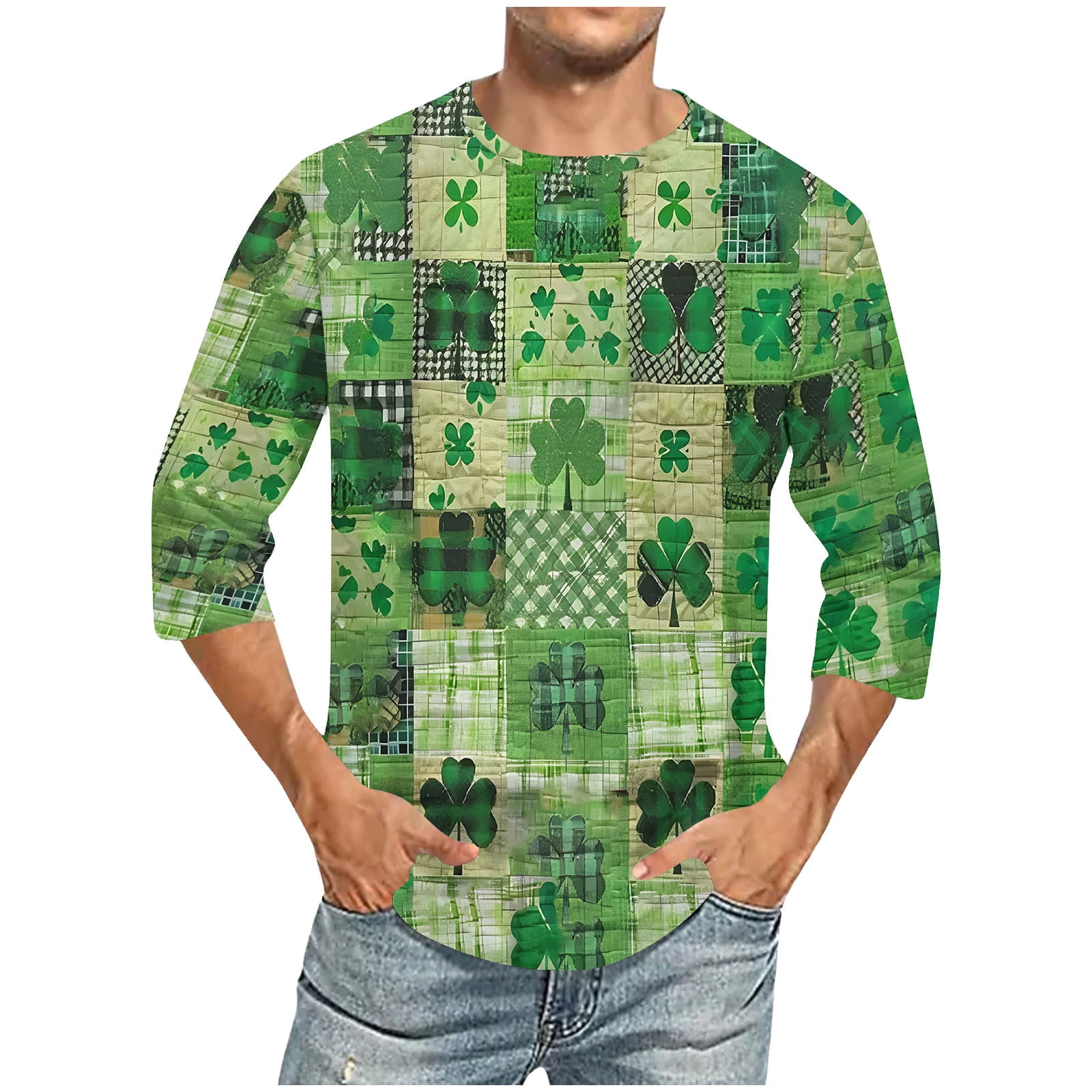 COSFO 3/4 Sleeve Men T Shirts Casual St Patricks Day Crew Neck Tops Pullover Plaid Loose Shirts ...