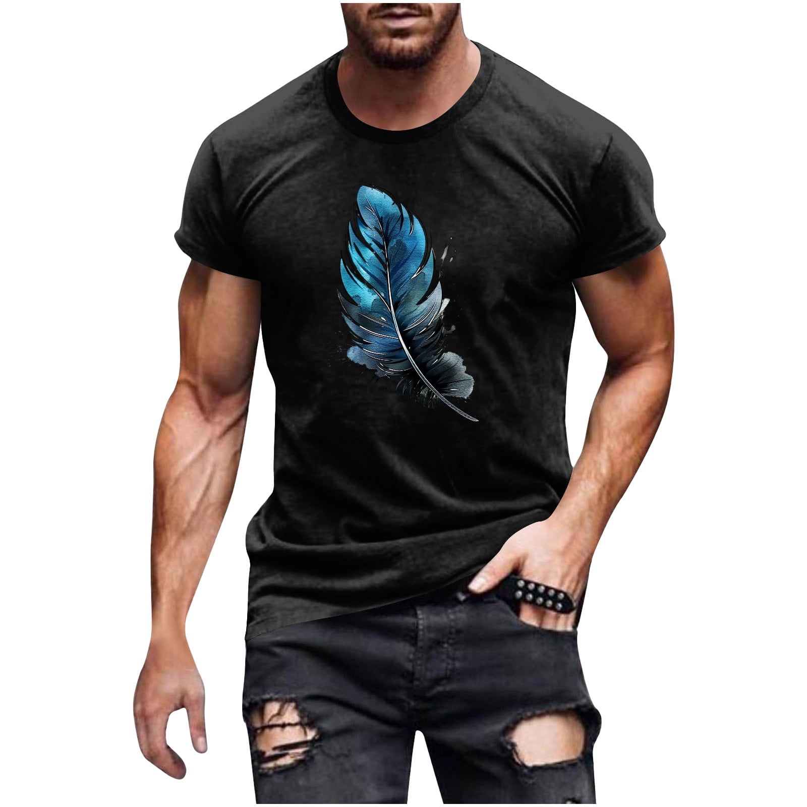 COSFO Black Mens T Shirts Feather Crew Neck Short Sleeve Casual Tops ...