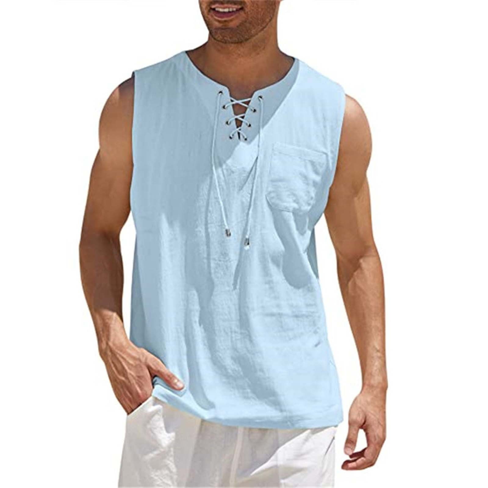 COSFO Blue Muscle Tank Tops for Men Cotton Linen Casual Shirts with ...