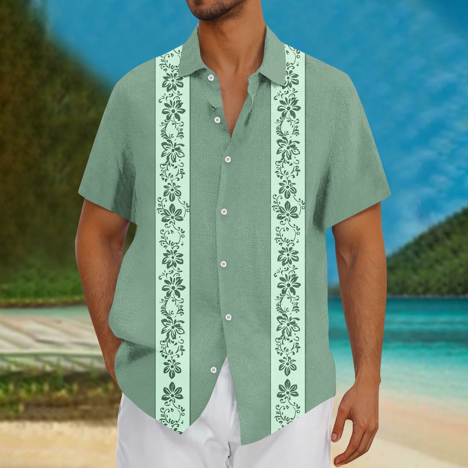 COSFO Button Down Shirt Men Collared Short Sleeve Hawaiian Casual Tops ...