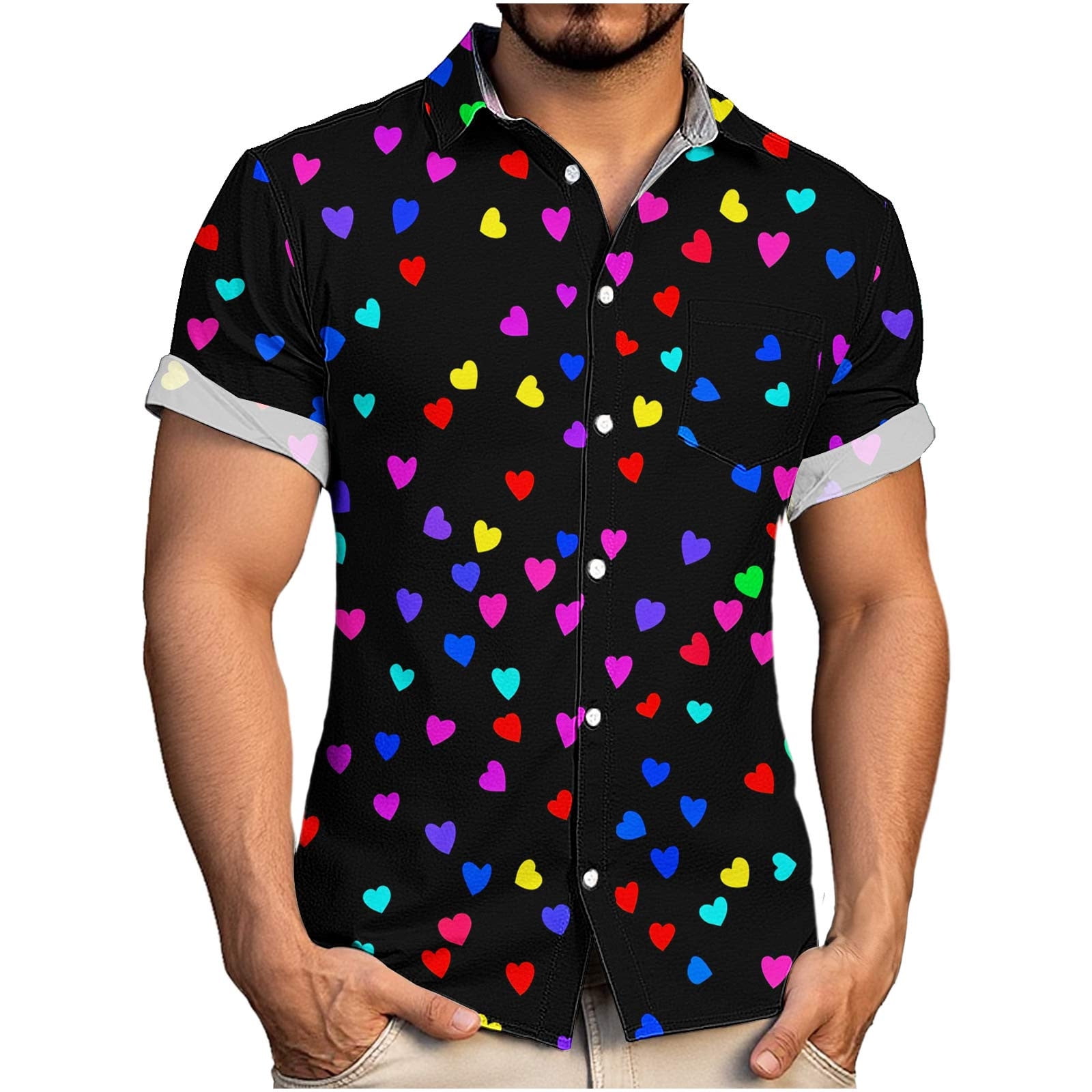 COSFO Button Up Shirt Men Love Heart Valentine's Day Short Sleeve Tops ...