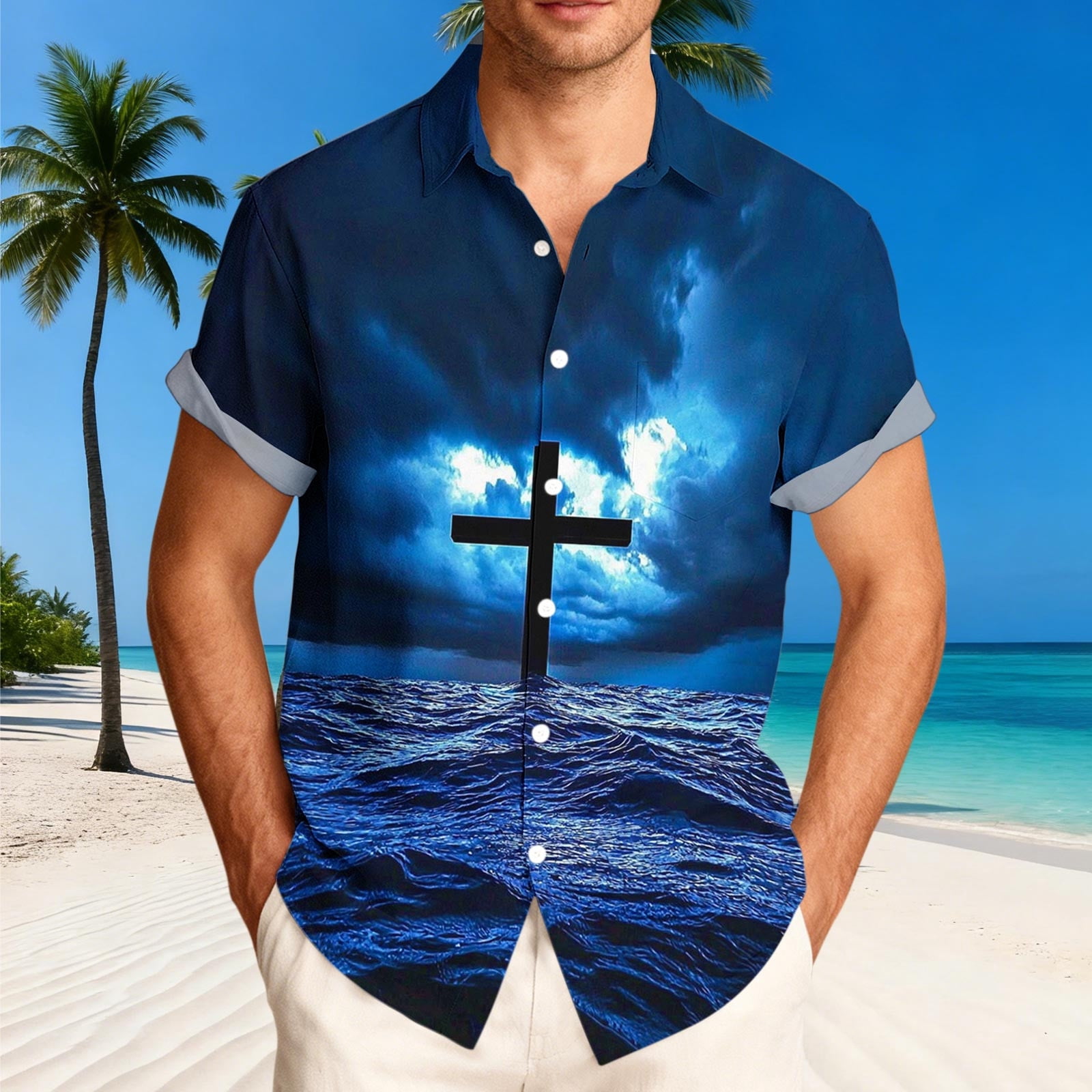 COSFO Button Up Shirt Men Short Sleeve Easter Cross Tops Classic Fit ...