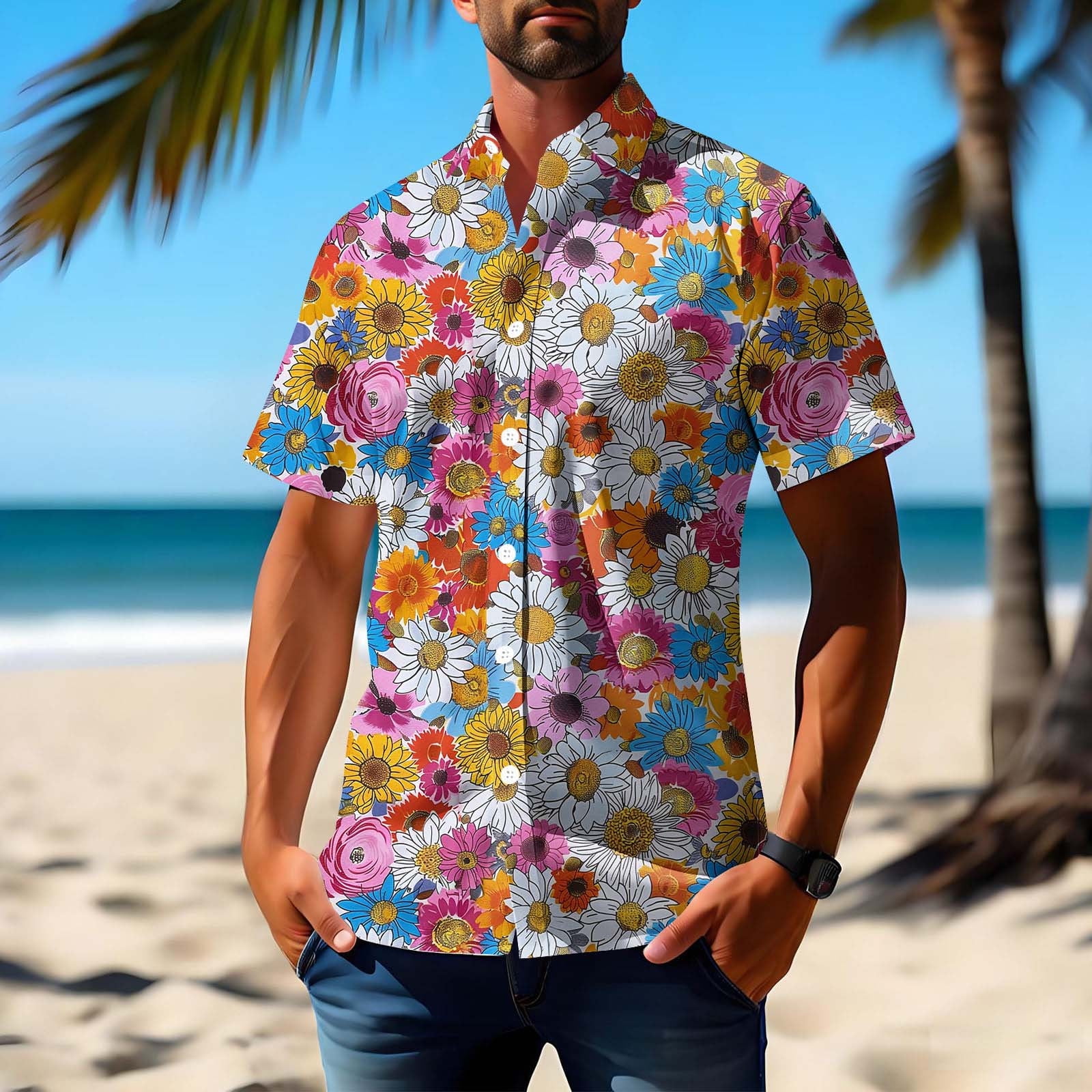 COSFO Casual Button Down Shirt Mens Hawaiian Collared Short Sleeve Tops ...
