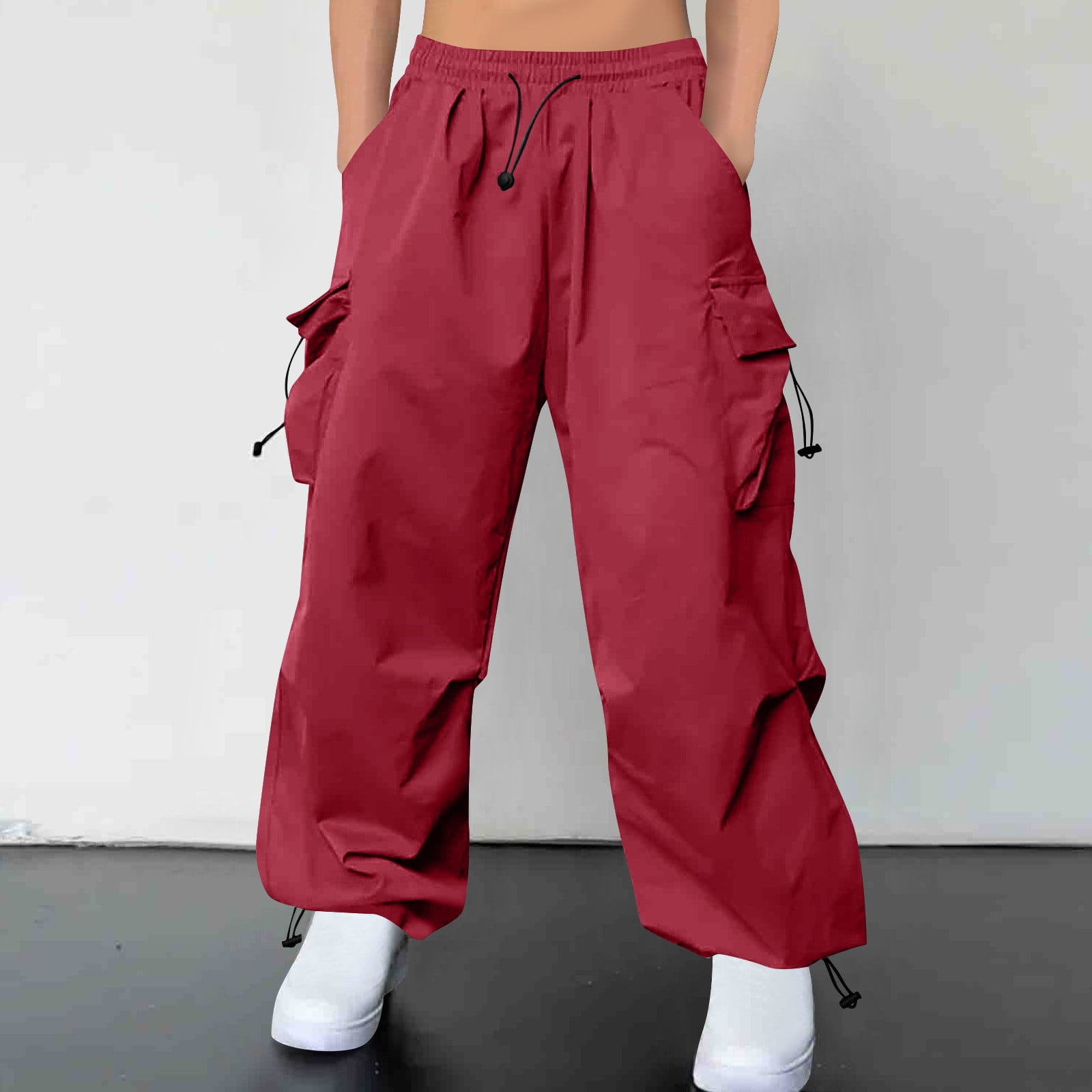 COSFO Casual Cargo Pants Men Outdoor Straight Red Trousers Drawstring ...