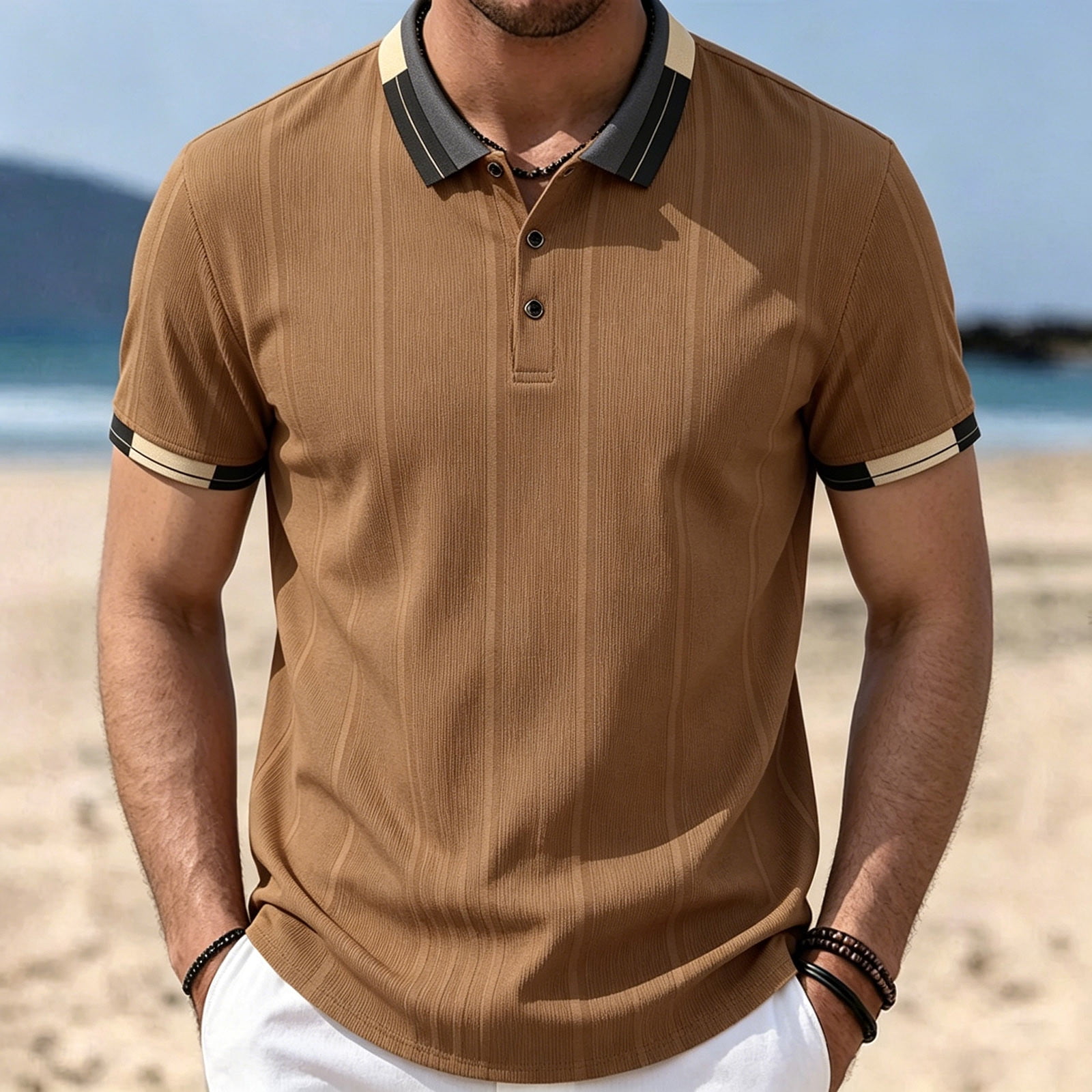 COSFO Casual Golf Polo Shirts for Men Brown Short Sleeve Shirt Classic ...