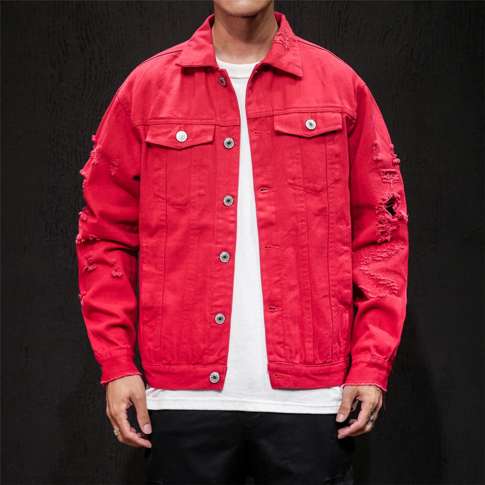 COSFO Casual Jean Jackets for Men Button Down Red Solid Denim Coat ...