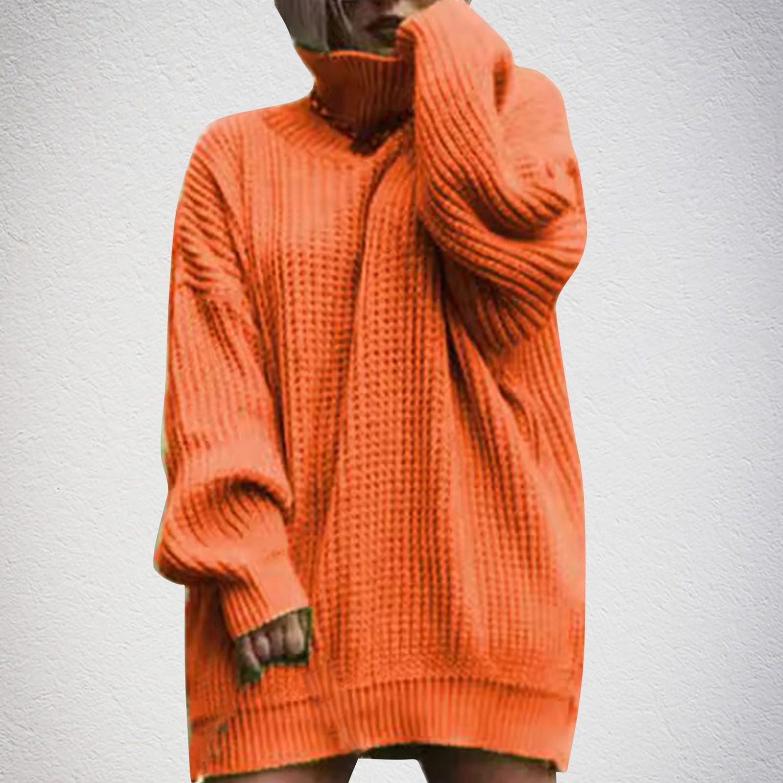 COSFO Casual Ladies Dresses Solid Turtleneck Long Sleeve Orange Mini Dresses Knit Sweater Loose ...
