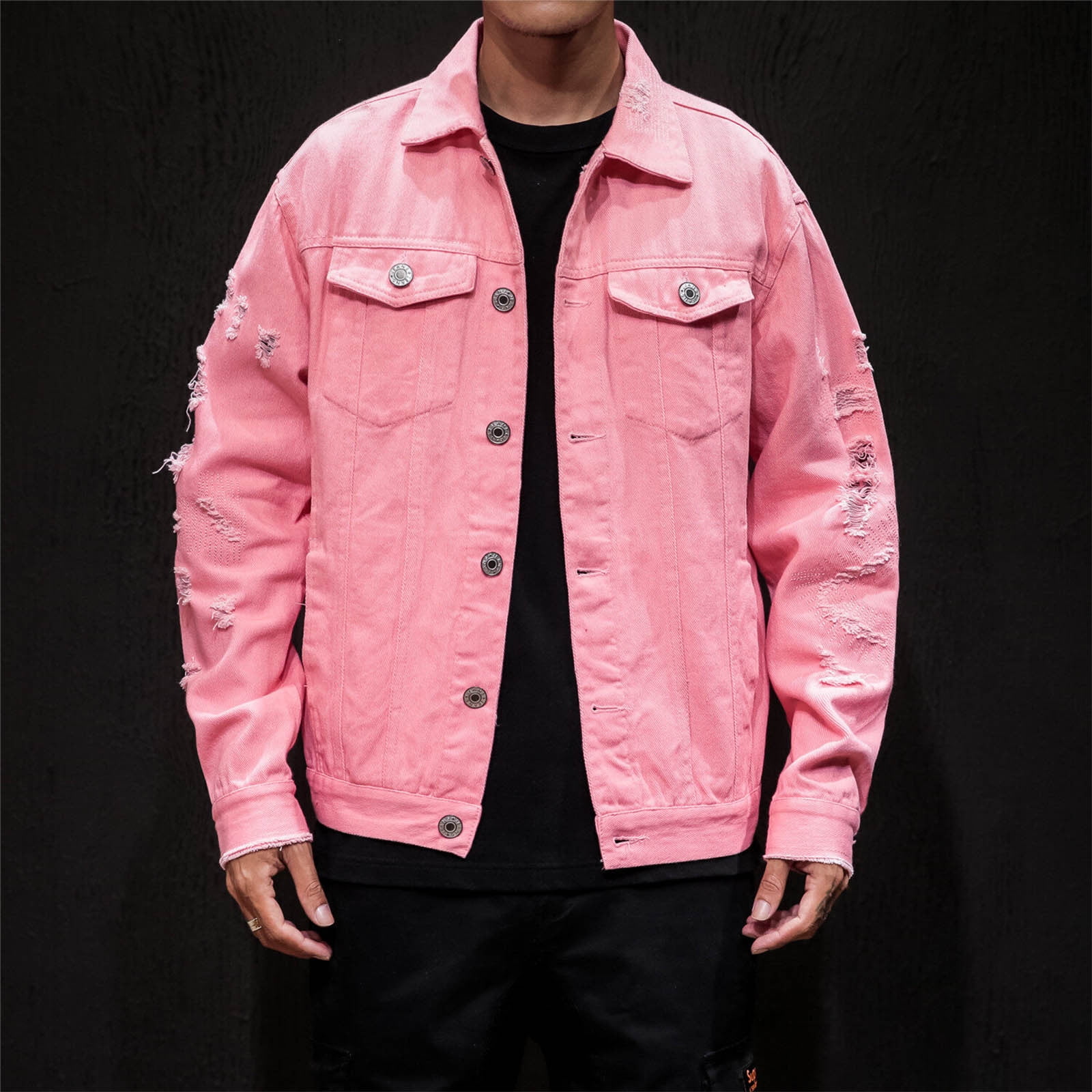 COSFO Casual Men Jean Jacket Pink Solid Button Down Denim Coat with ...