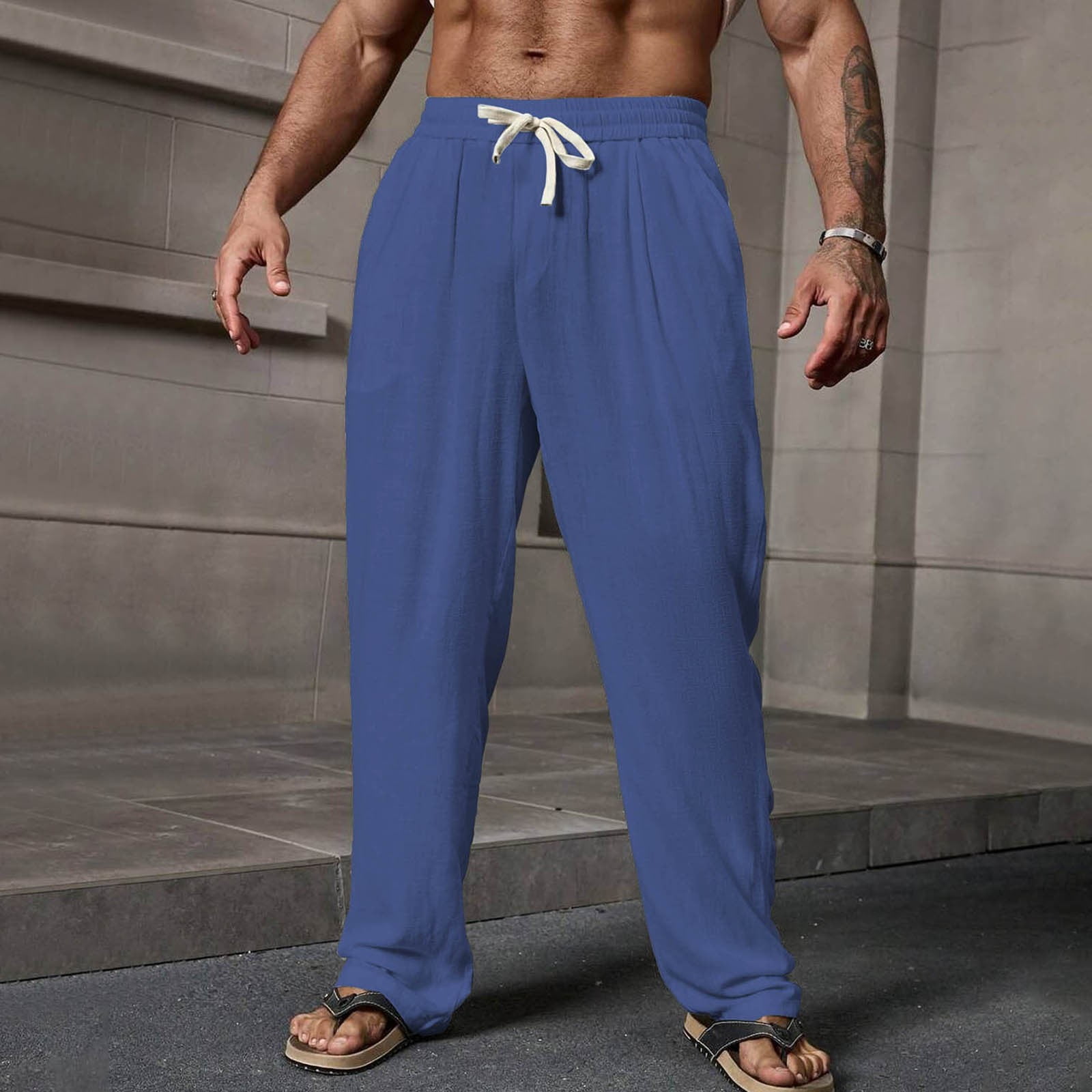 COSFO Casual Men Pants Lounge Blue Wide Leg Trousers with Pockets ...