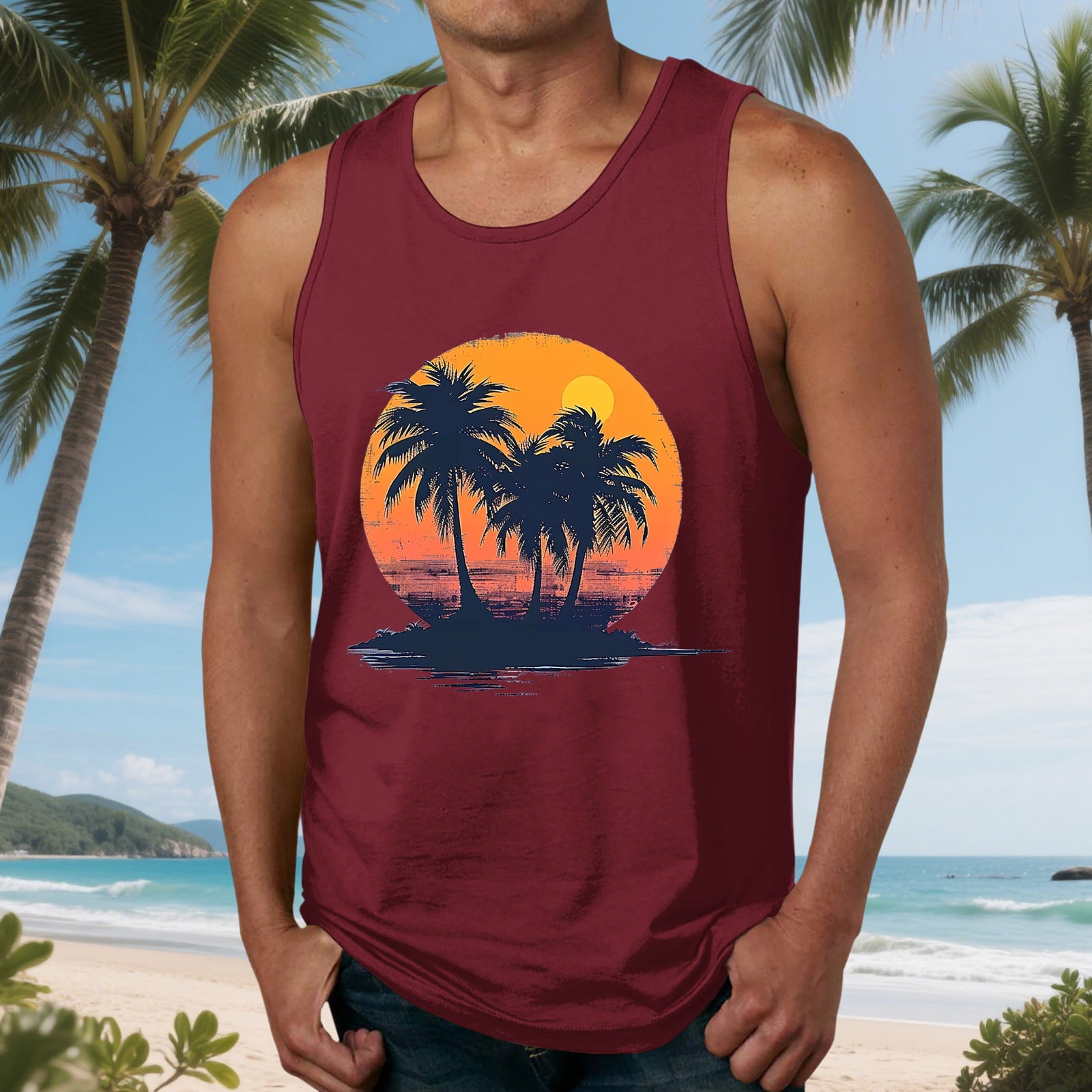 COSFO Casual Men's Tank Tops Crew Neck Hawaiian Shirts Sleeveless ...