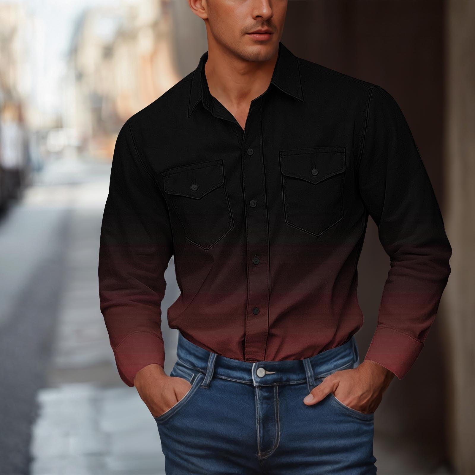 COSFO Casual Mens Button Down Shirt Long Sleeve Gradient Work Tops ...