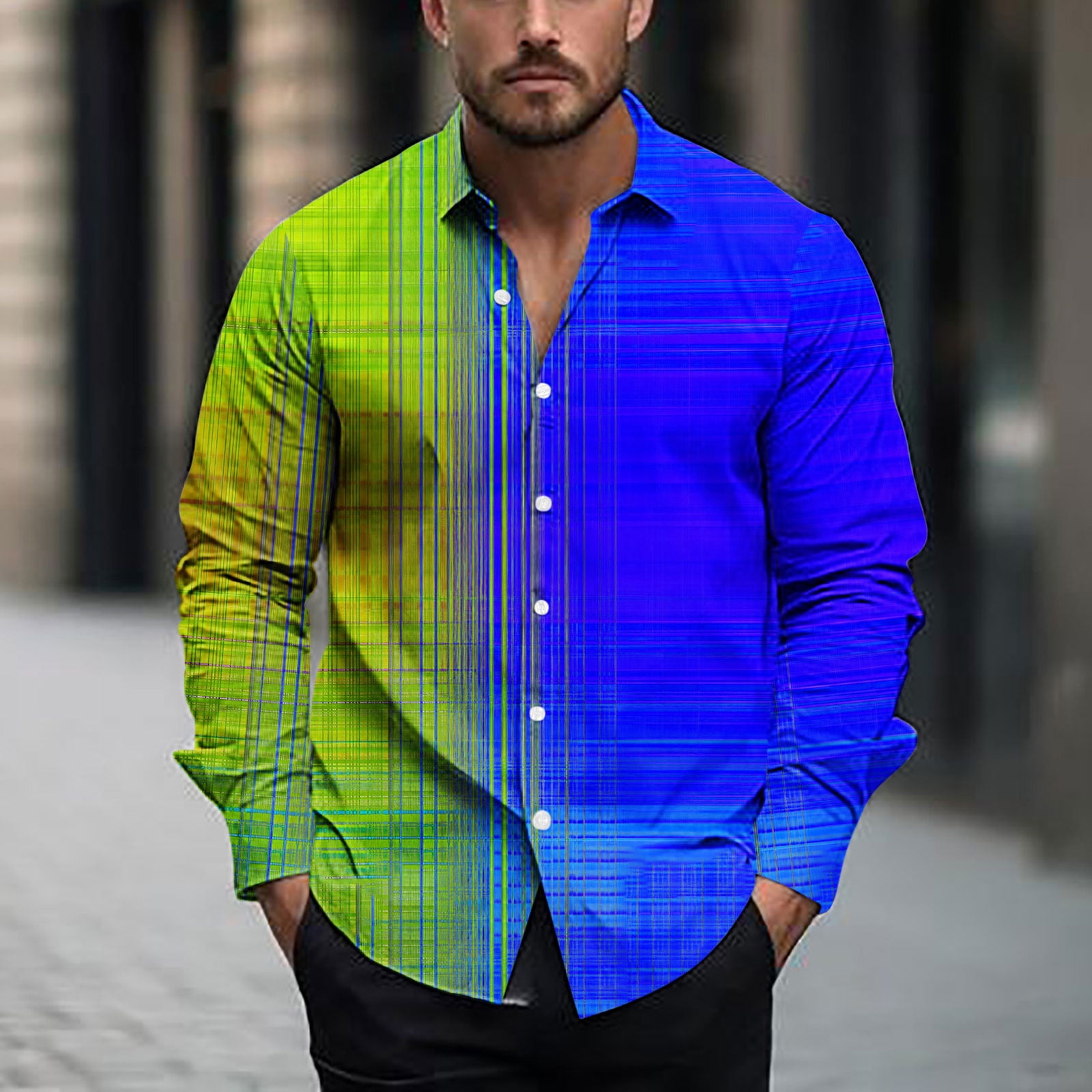 COSFO Casual Mens Button Up Shirt Long Sleeve Colorblock Tops Collared ...