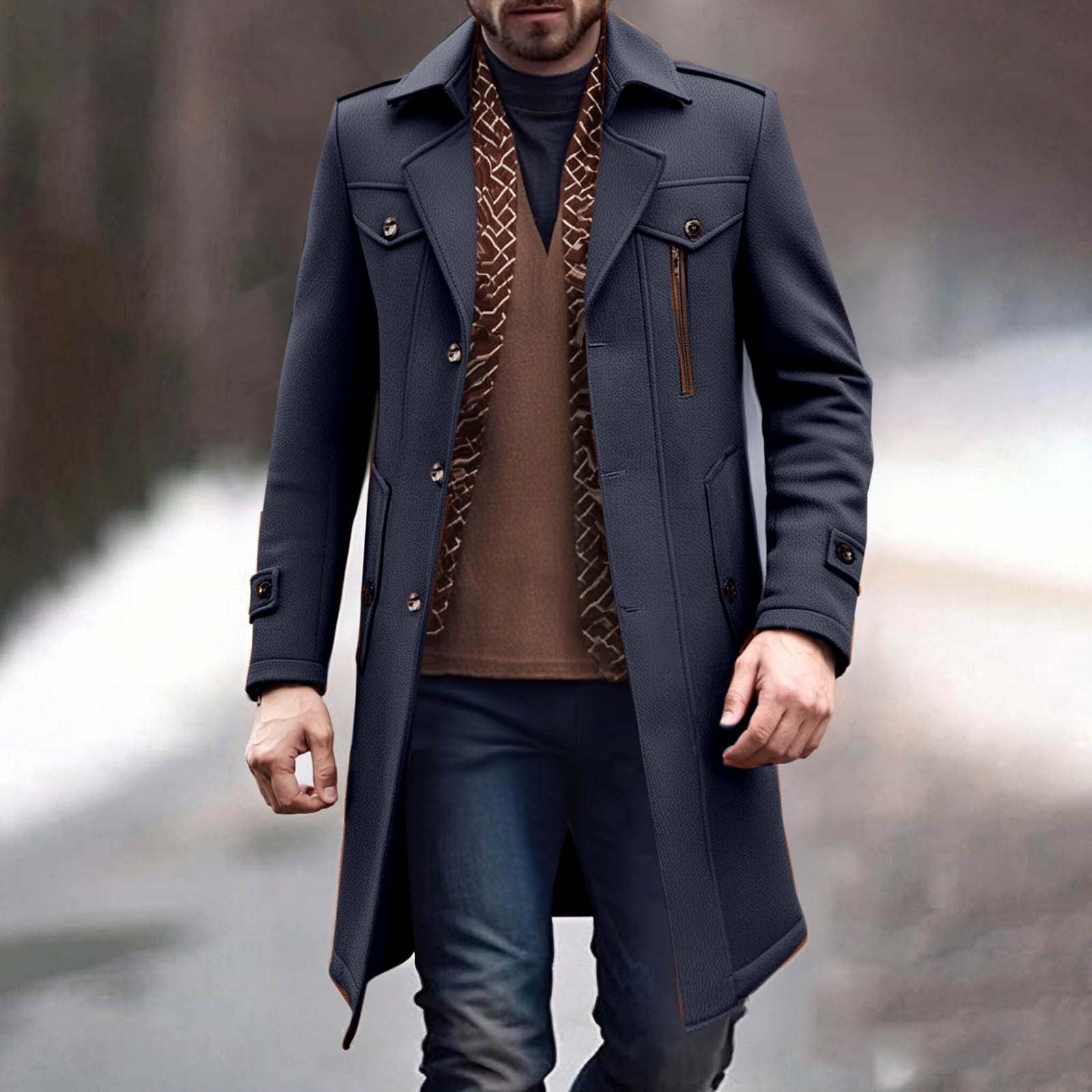 COSFO Casual Mens Coats Single Breasted Blue Fleece Overcoat Long ...