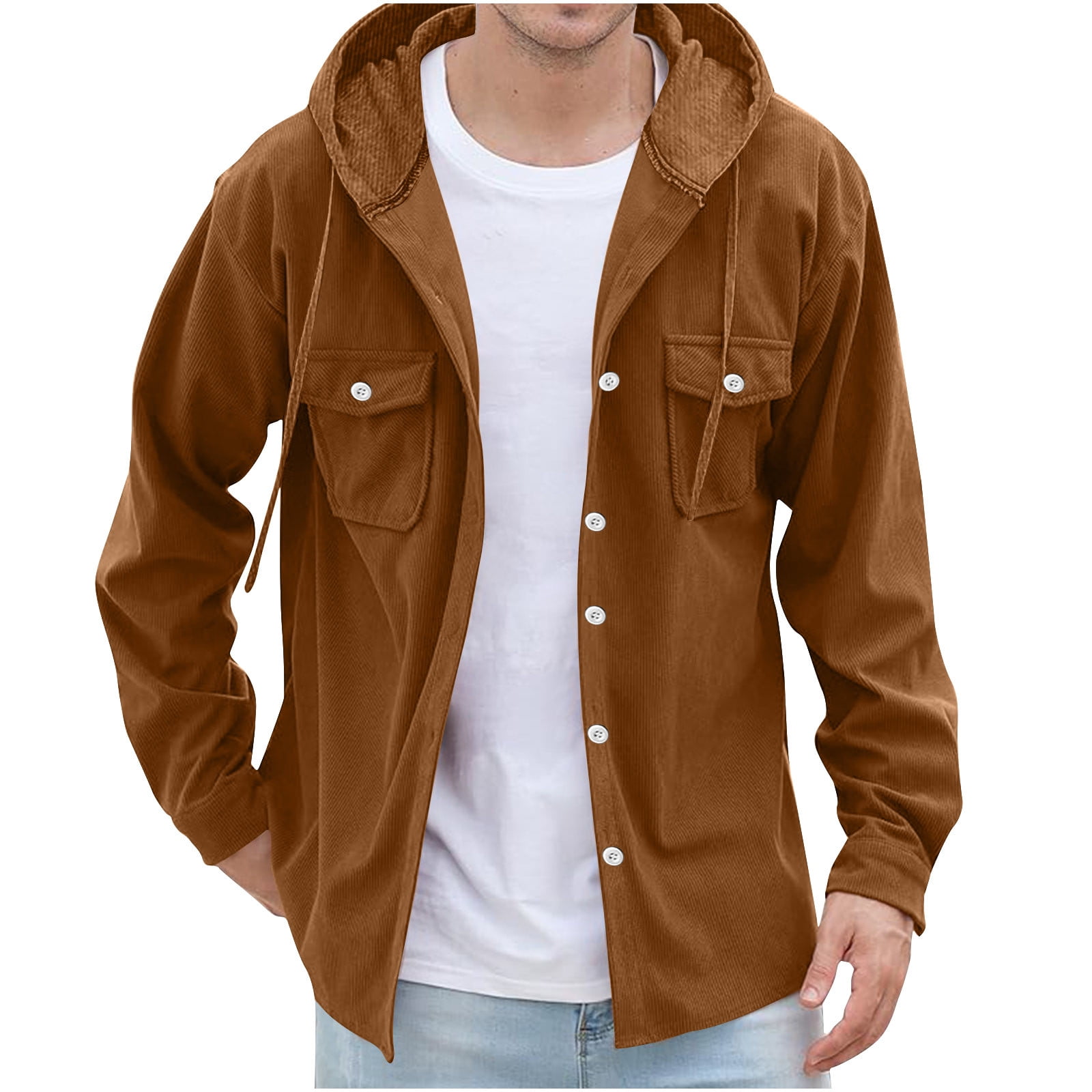 COSFO Casual Mens Jacket Solid Brown Corduroy Button Down Coat Loose ...