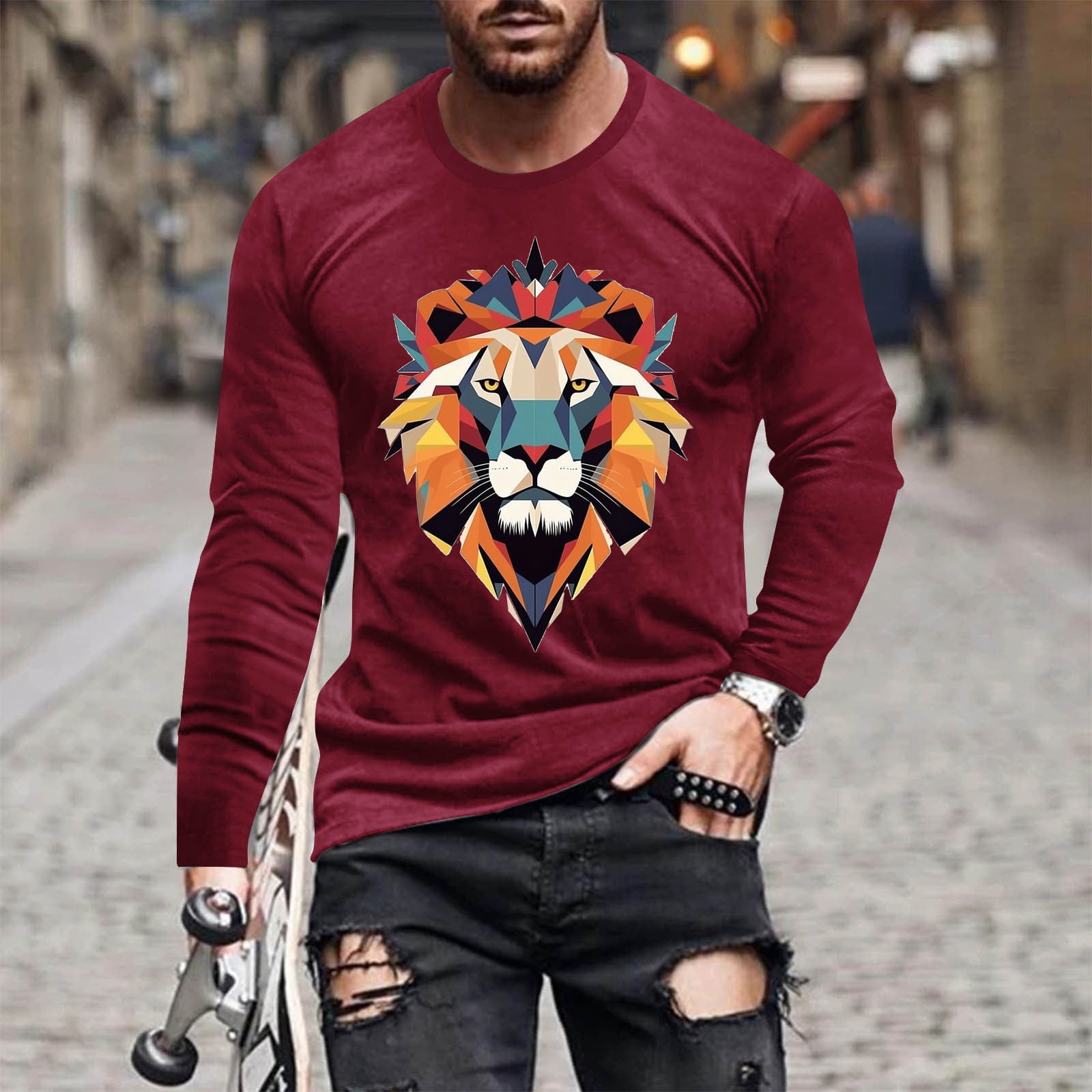 COSFO Casual Mens T-Shirts Long Sleeve Animal Print Crew Neck Red Top ...