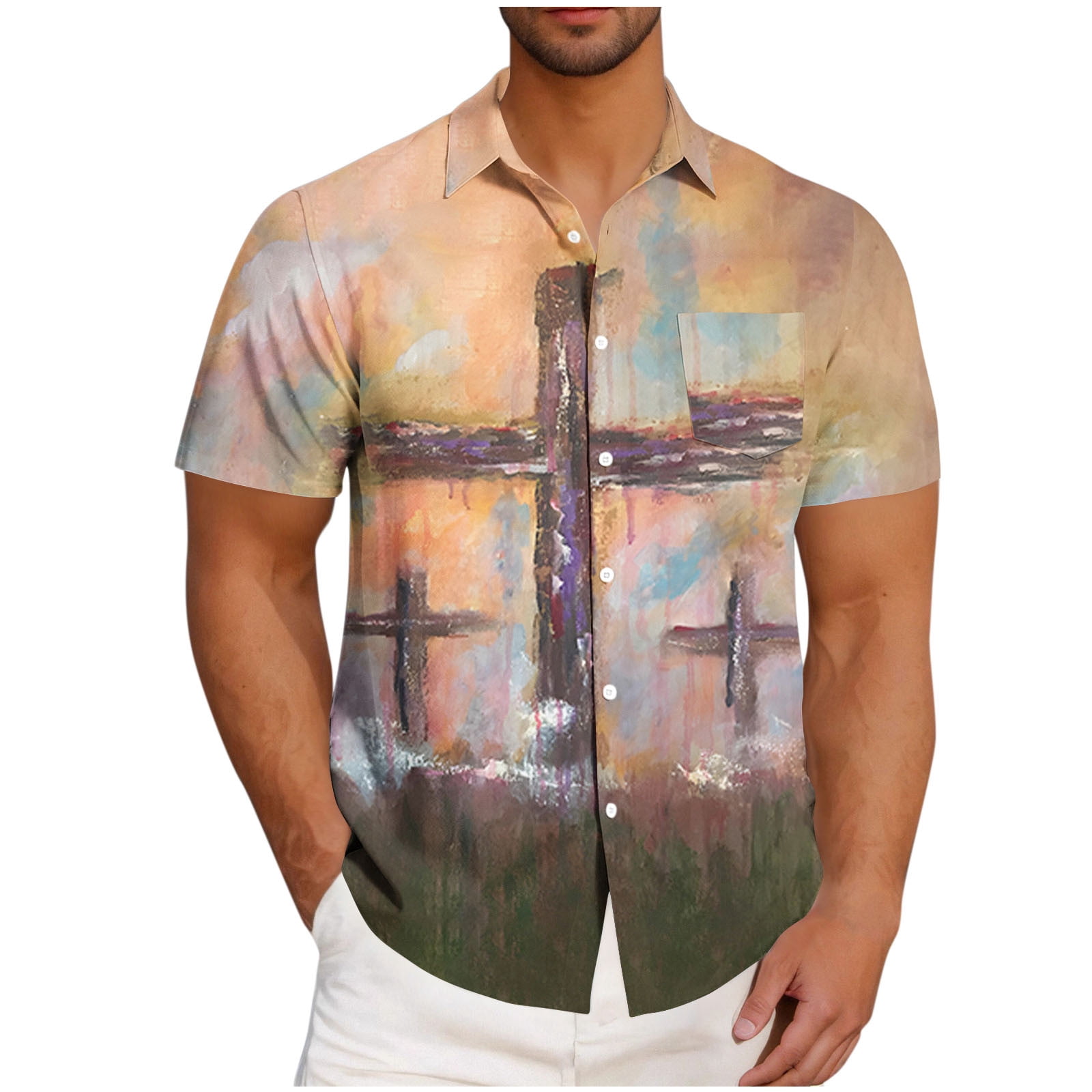 COSFO Casual Shirts for Men Cross Short Sleeve Collared Tops Button ...