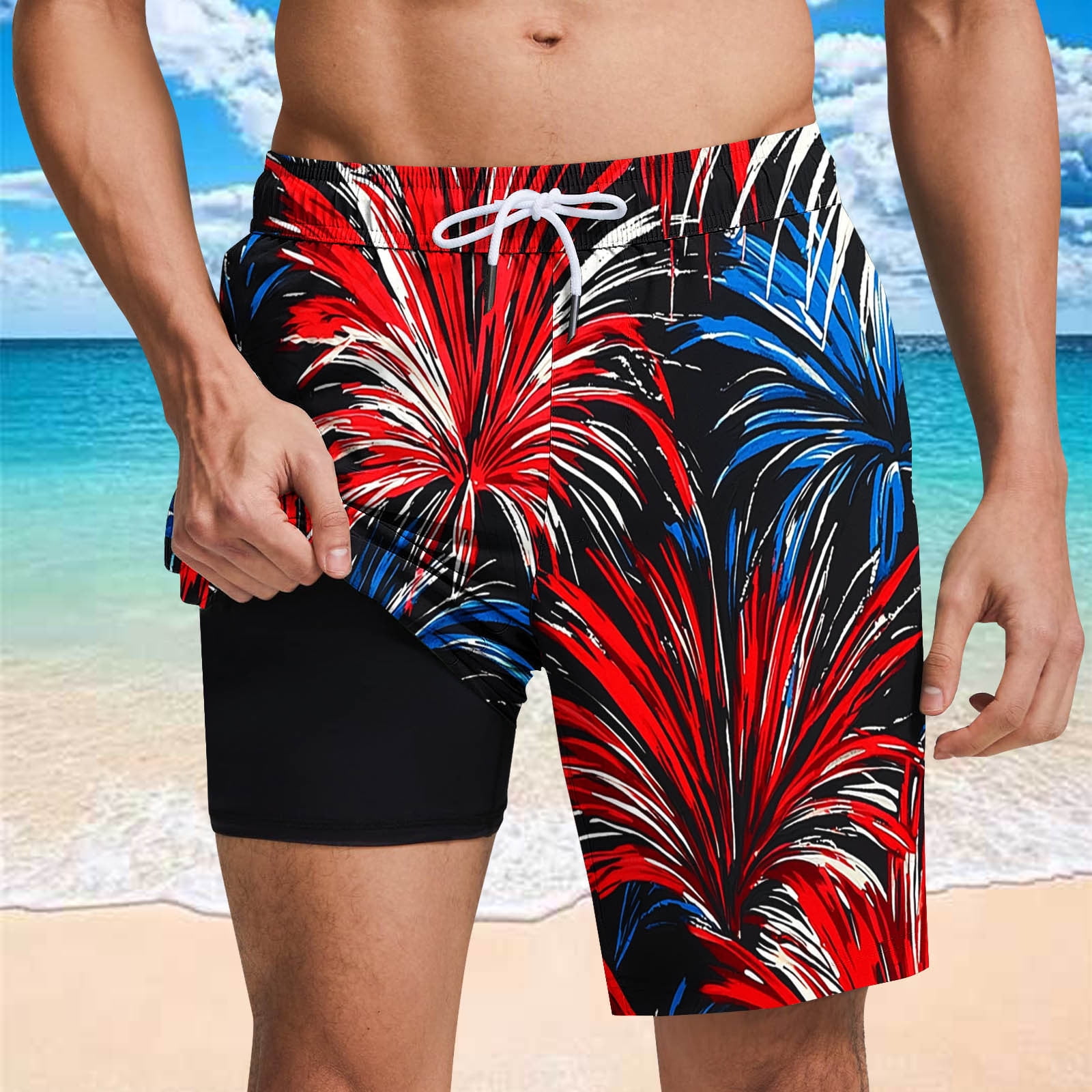 COSFO Casual Swim Trunks for Men Elastic Waist Independence Day Board Shorts with Compression ...