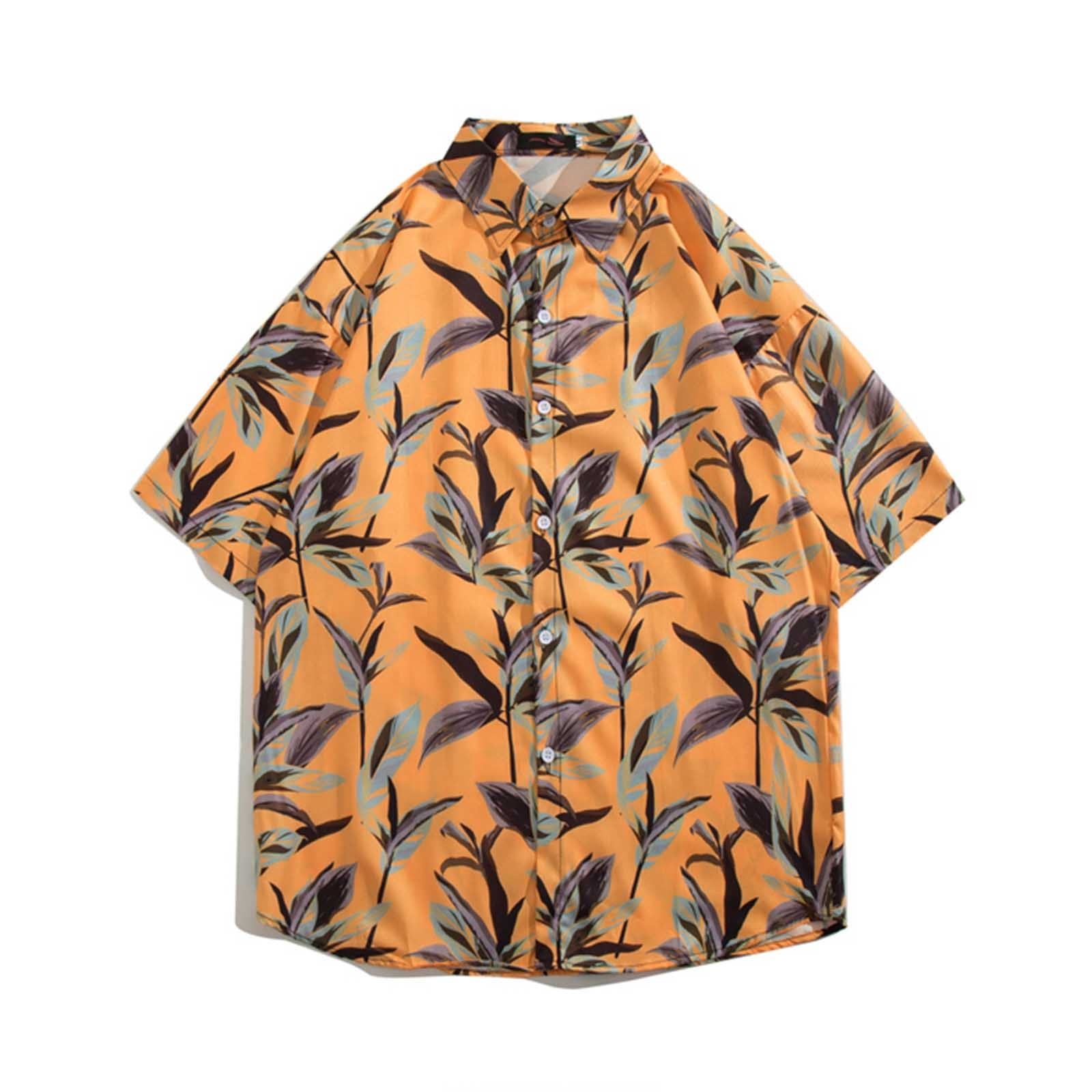 COSFO Collared Button Down Shirt Men Short Sleeve Leaf Casual Tops ...