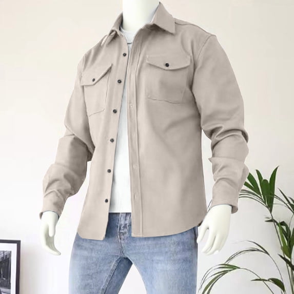 COSFO Collared Jacket for Men Lightweight Button Down Solid Cotton ...