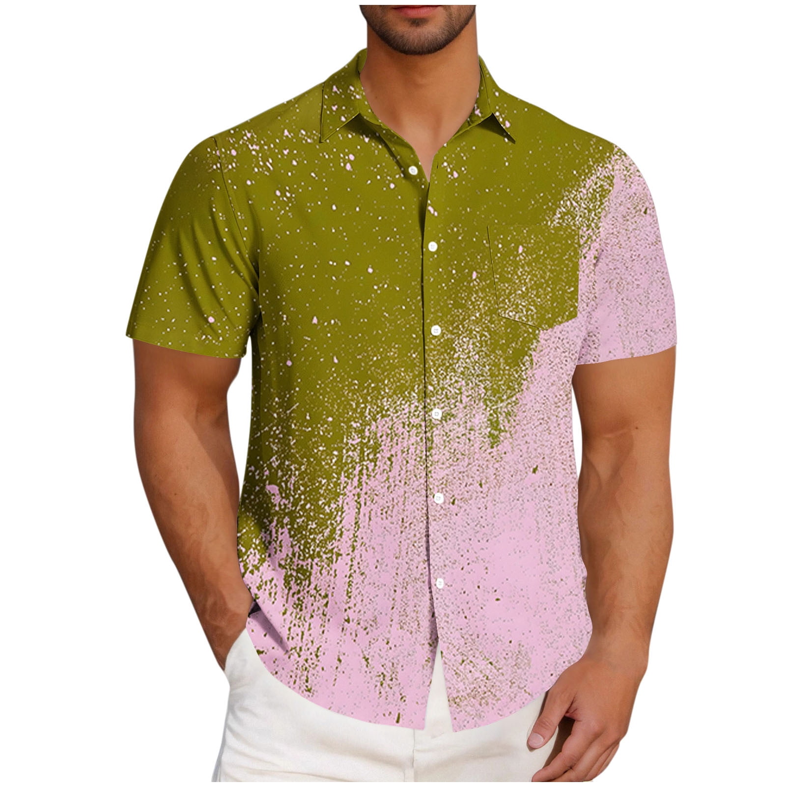 COSFO Collared Men Shirts Colorblock Short Sleeve Casual Tops with ...