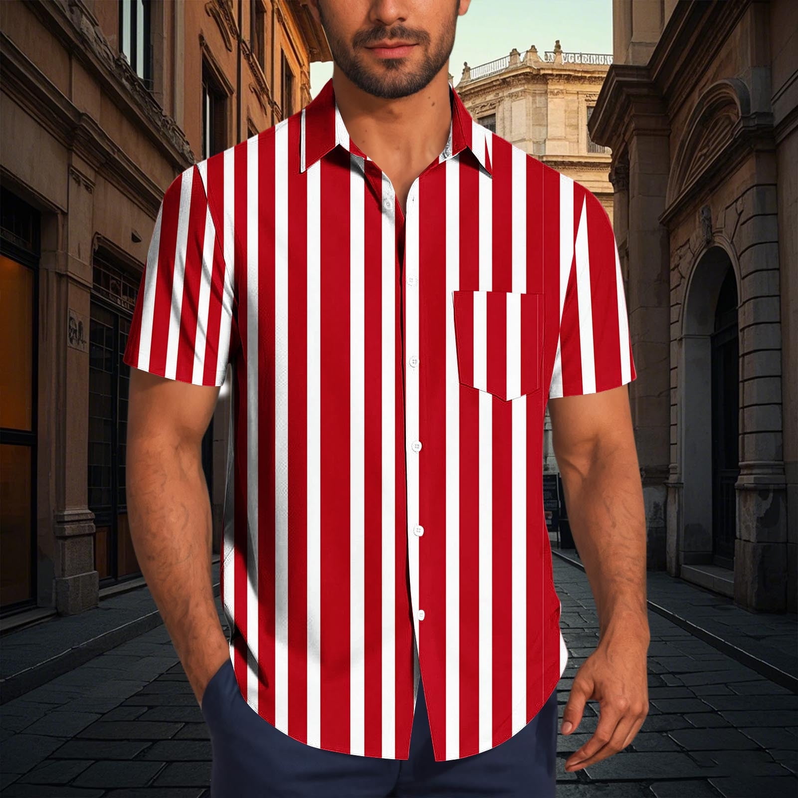 COSFO Collared Men Shirts Short Sleeve Striped Casual Button Down ...