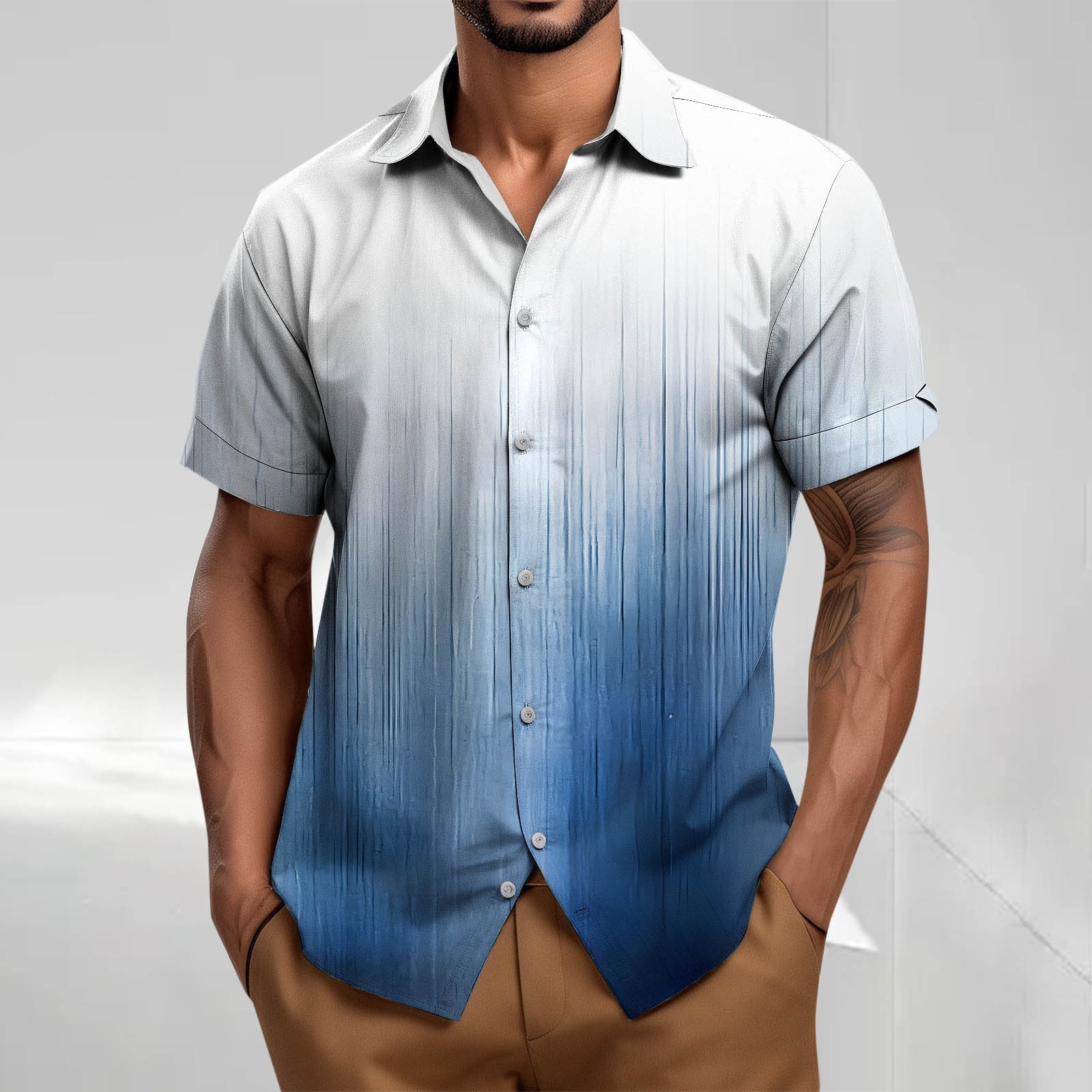 COSFO Collared Men Short Sleeve Button Down Casual Gradient Tops ...
