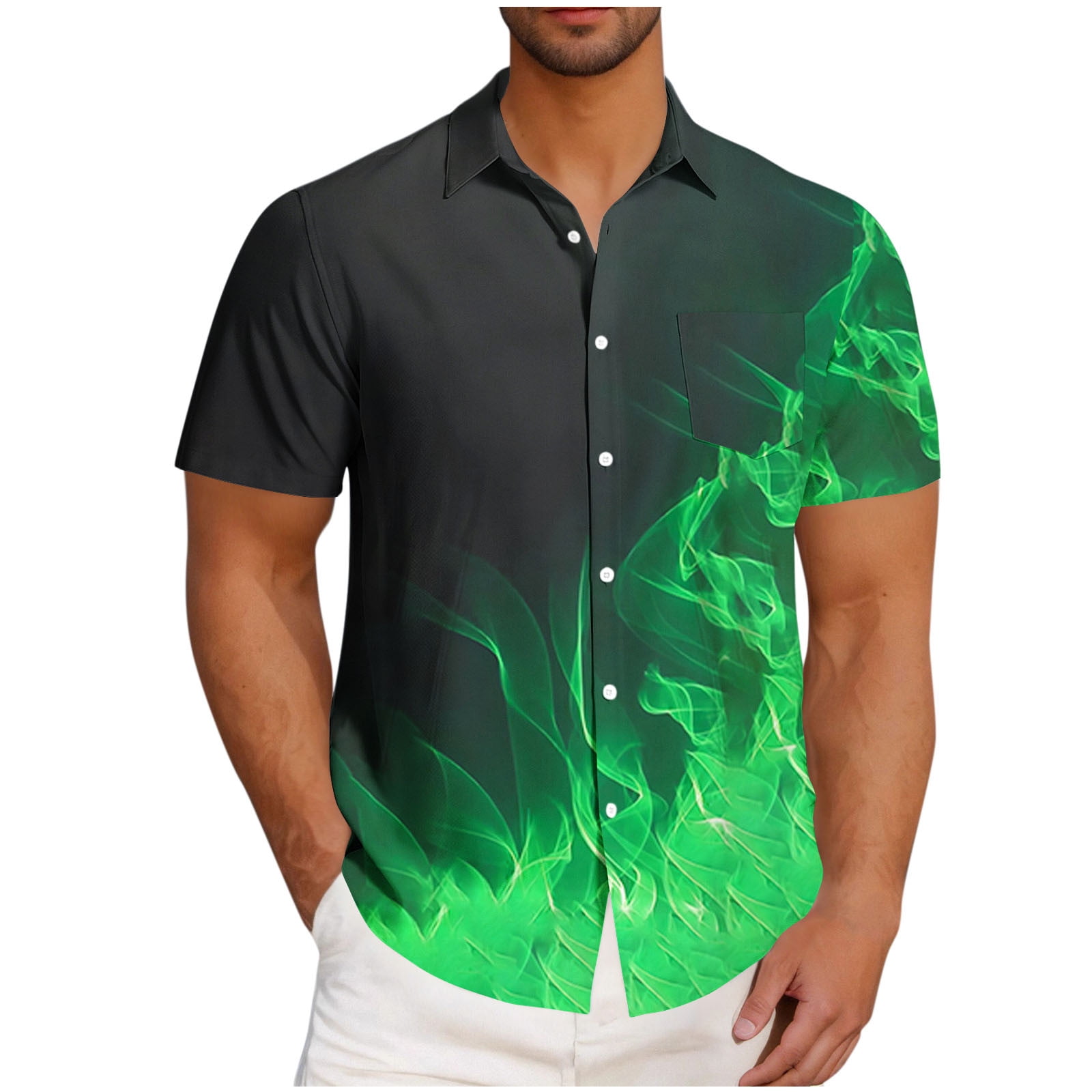 COSFO Collared Men's Shirts Casual Flame Short Sleeve Tops Loose Button ...